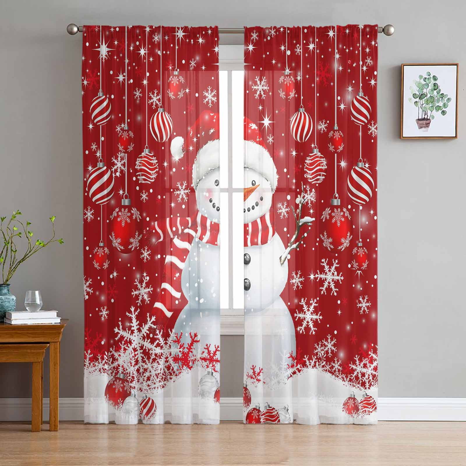 ERUNPONLY Red Snowman Christmas Sheer Curtains 63 Inch Length 2 Panels ...