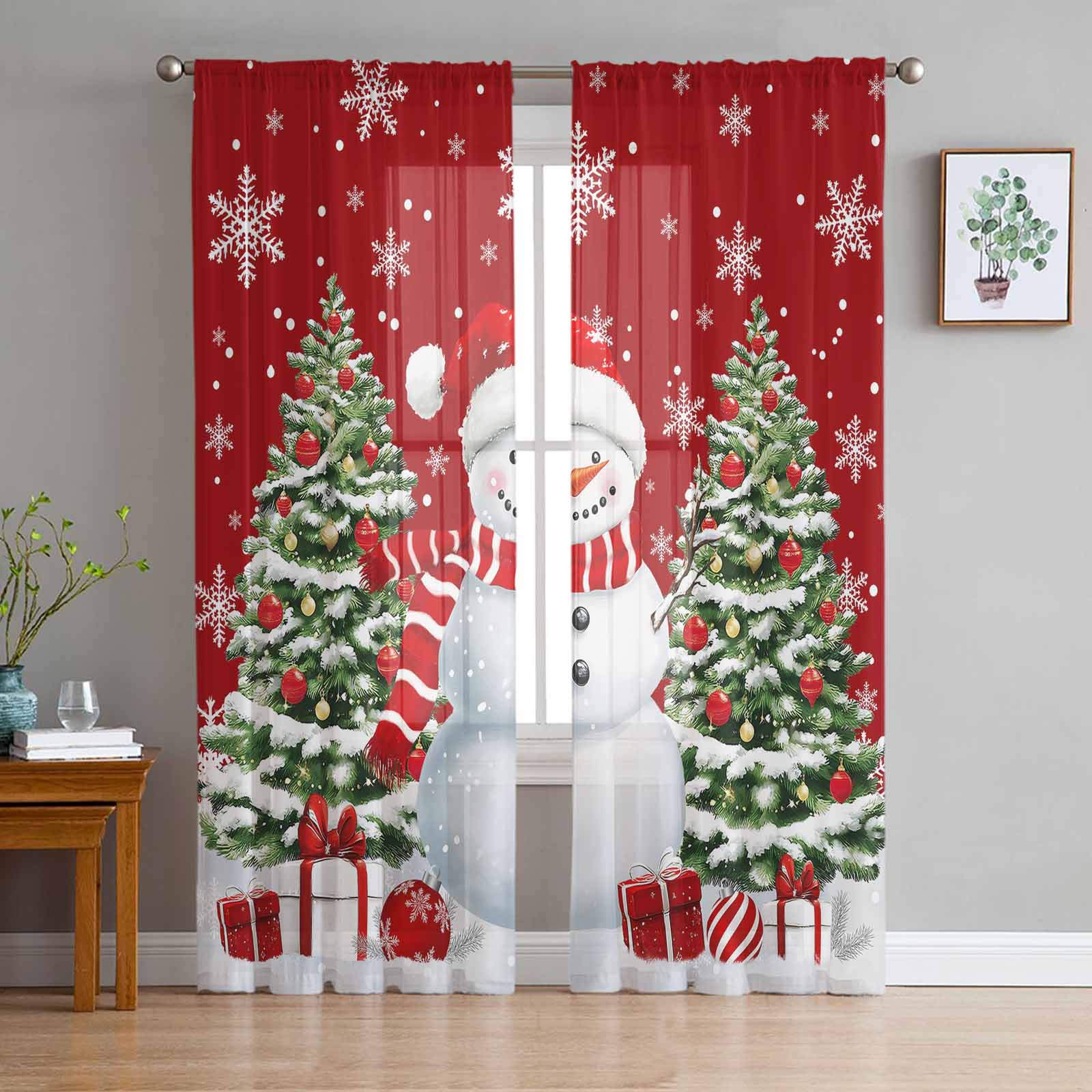 ERUNPONLY Red Snowman Christmas Sheer Curtains 84 Inch Length 2 Panels ...