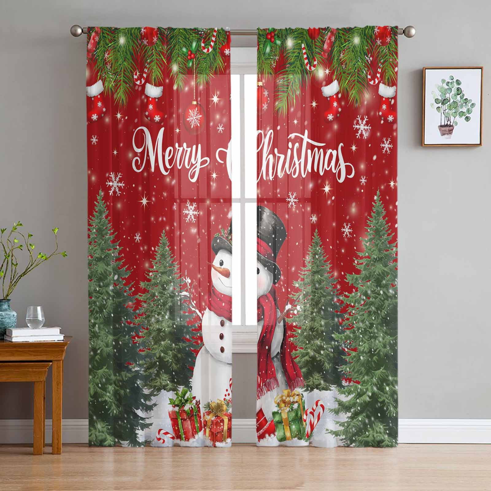ERUNPONLY Red Snowman Christmas Sheer Curtains 96 Inch Length 2 Panels ...