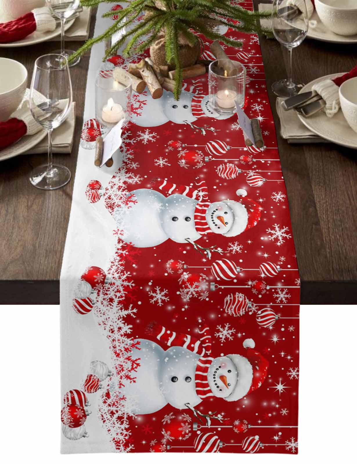 ERUNPONLY Red Snowman Christmas Table Runner - 90 Inch Long Xmas Balls ...