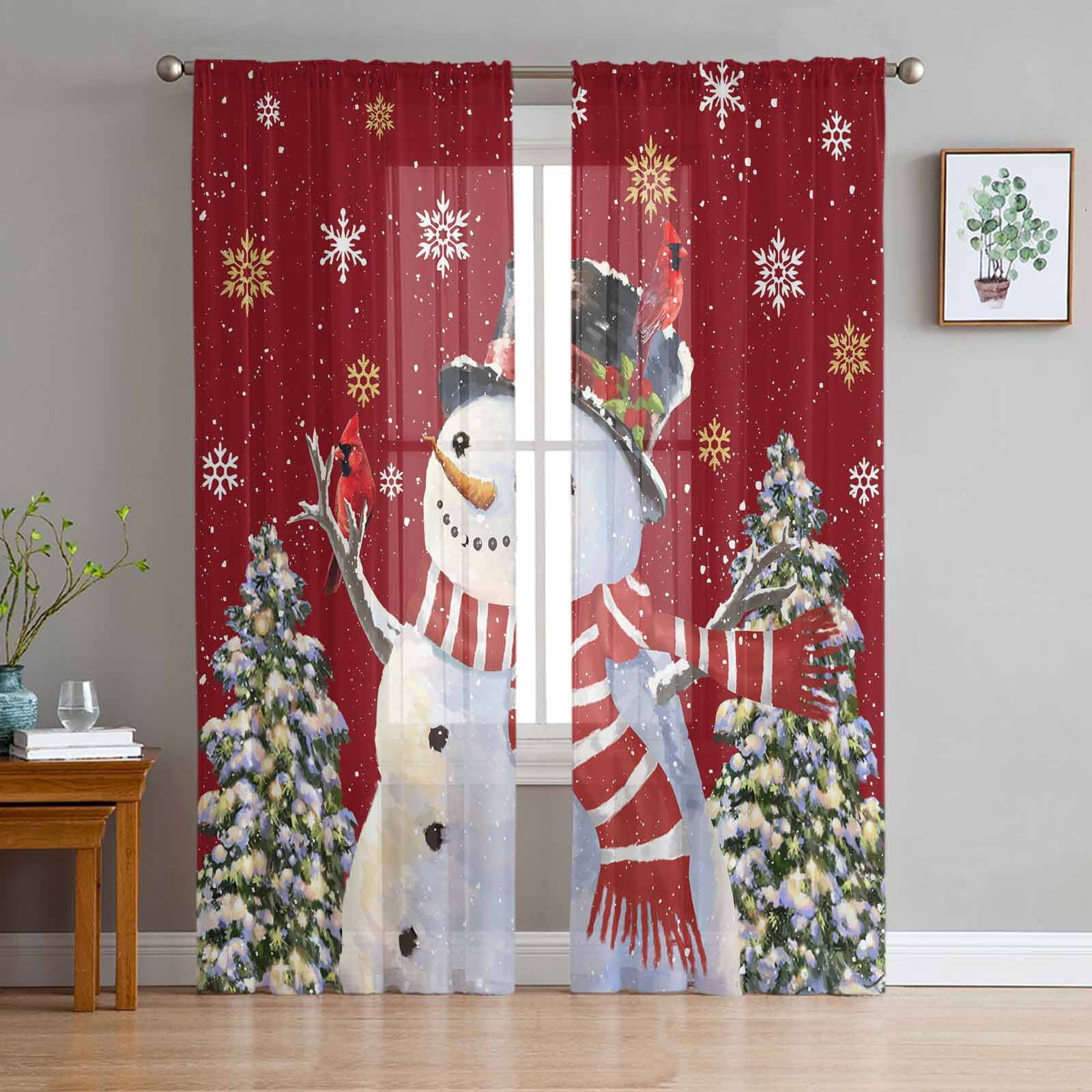 ERUNPONLY Red Snowman Sheer Curtains 63 Inch Length 2 Panels Set ...