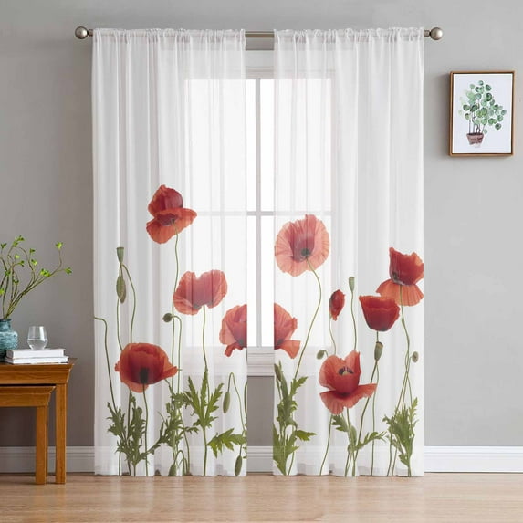 ERUNPONLY Red Spring Floral Sheer Curtains 72 Inch Length 2 Panels Set ...