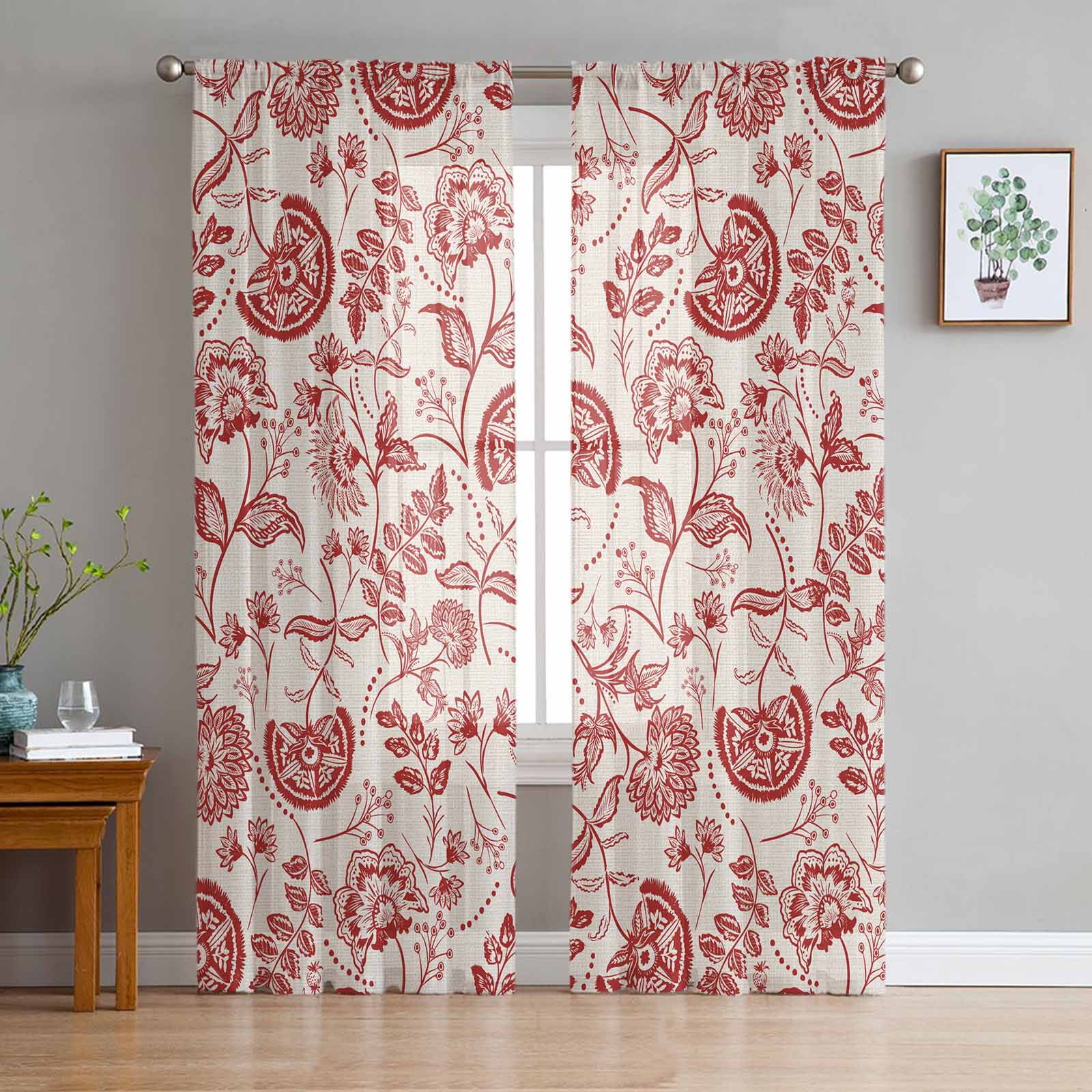 ERUNPONLY Red Spring Floral Sheer Curtains 84 Inch Length 2 Panels Set ...