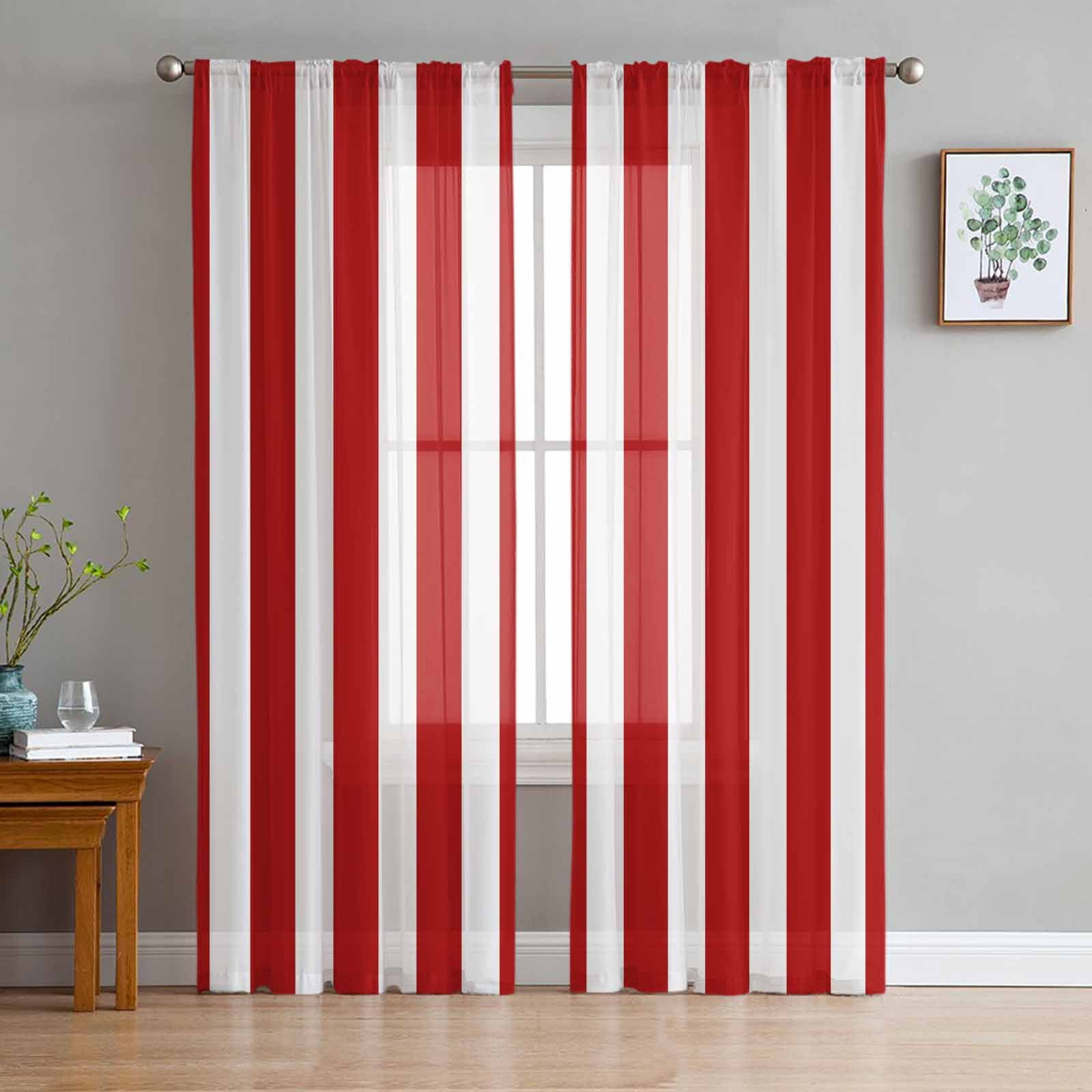 ERUNPONLY Red Striped Sheer Curtains 84 Inch Length 2 Panels Set ...