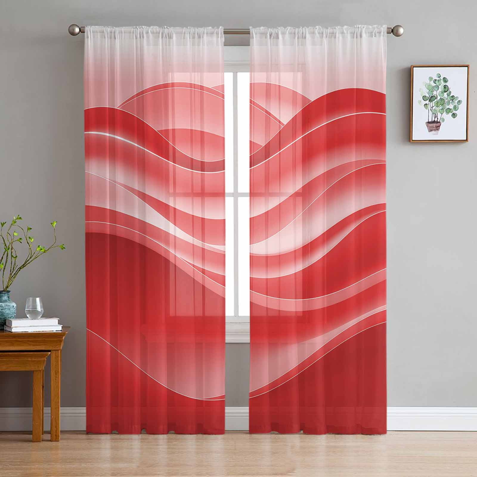 ERUNPONLY Red Striped Sheer Curtains 84 Inch Length 2 Panels Set ...