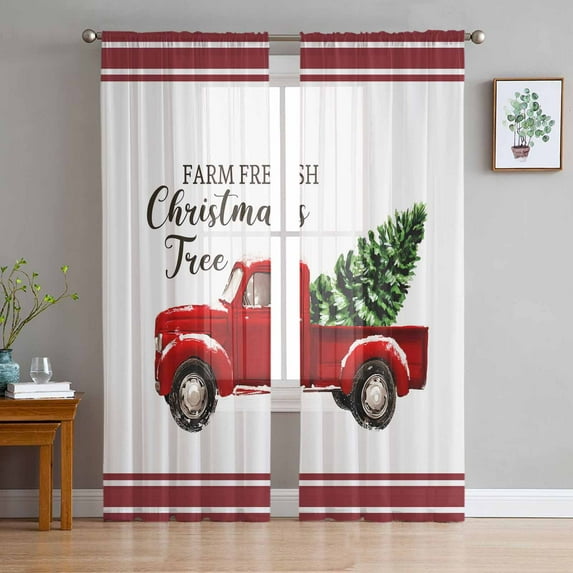 ERUNPONLY Red Truck Christmas Sheer Curtains 63 Inch Length 2 Panels ...