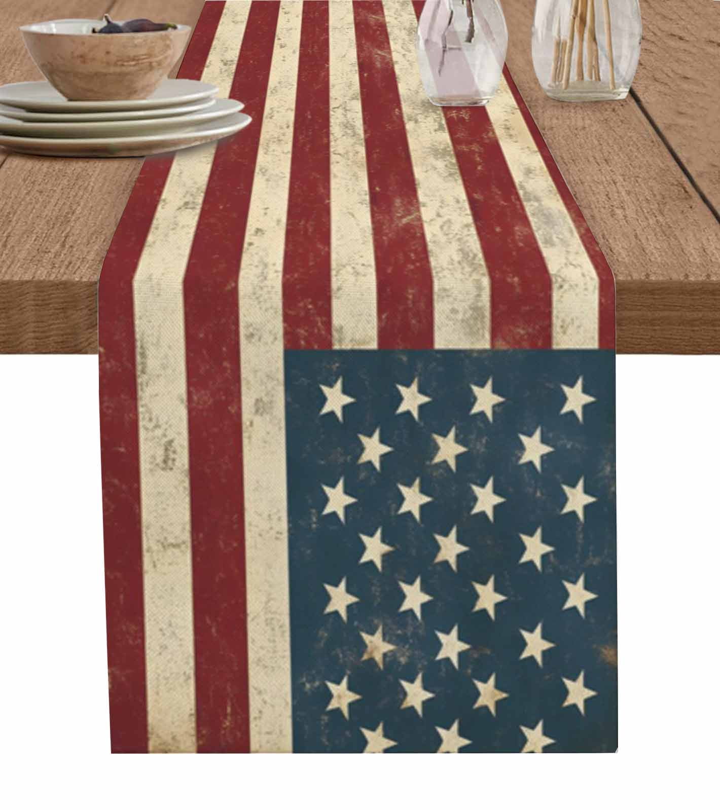 ERUNPONLY Retro Red Blue American Flag Table Runner - 108 Inch Long US ...