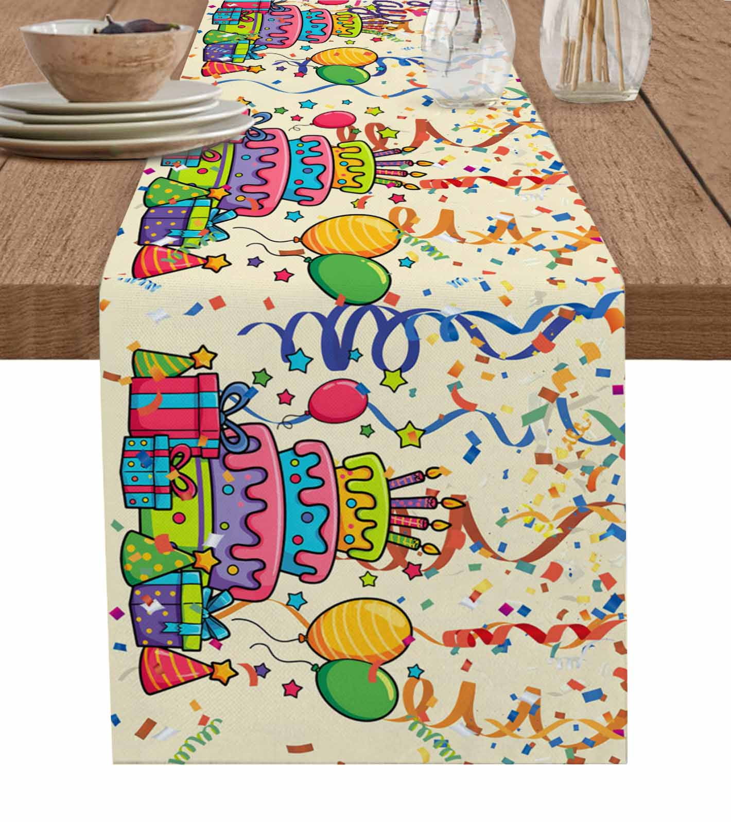 ERUNPONLY Ribbon Happy Birthday Table Runner - 72 Inch Long Cute Cake ...