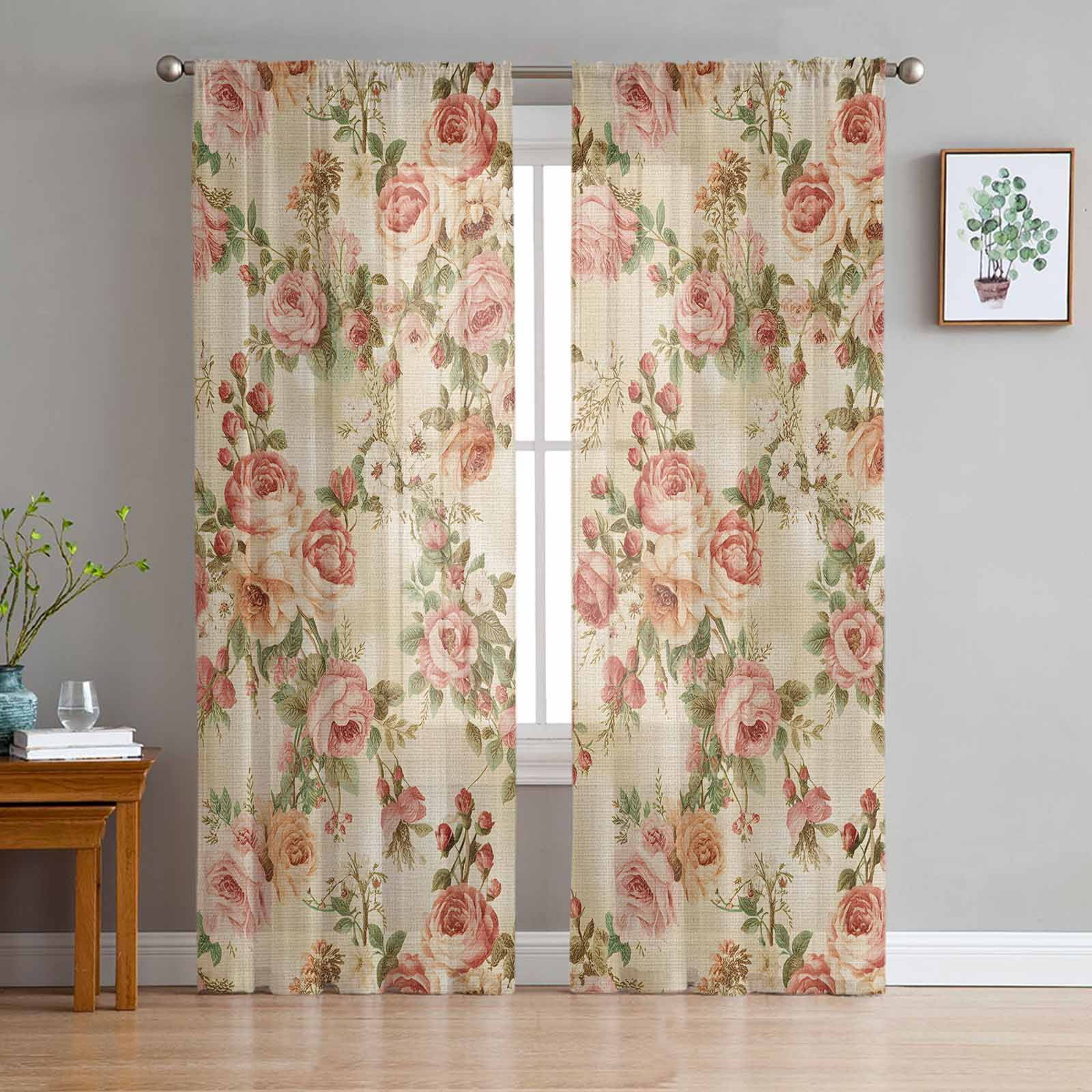 ERUNPONLY Rose Fall Sheer Curtains 63 Inch Length 2 Panels Set ...