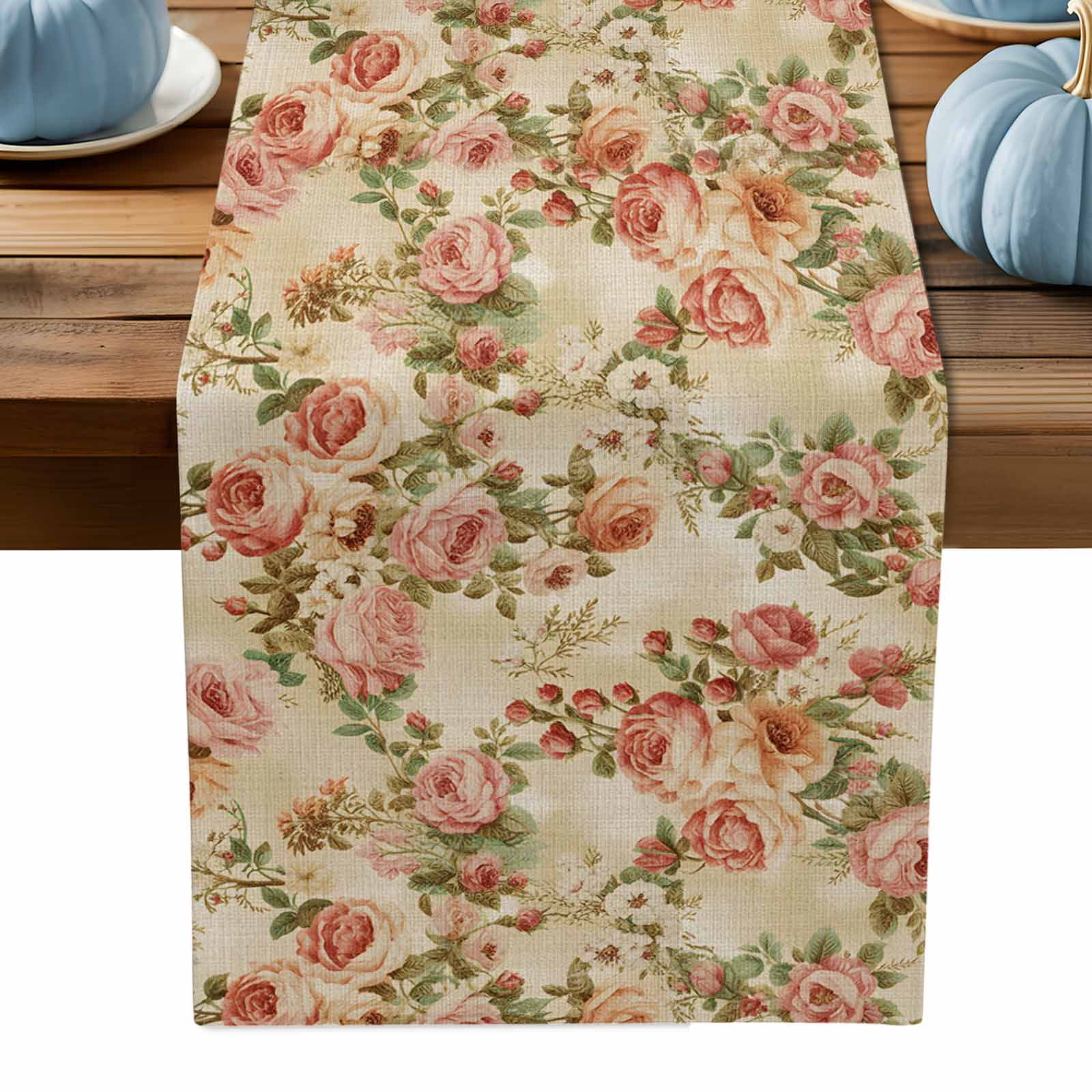ERUNPONLY Rose Table Runner - 108 Inch Long Vintage Pastoral Farmhouse Botanical Flowers Cotton ...