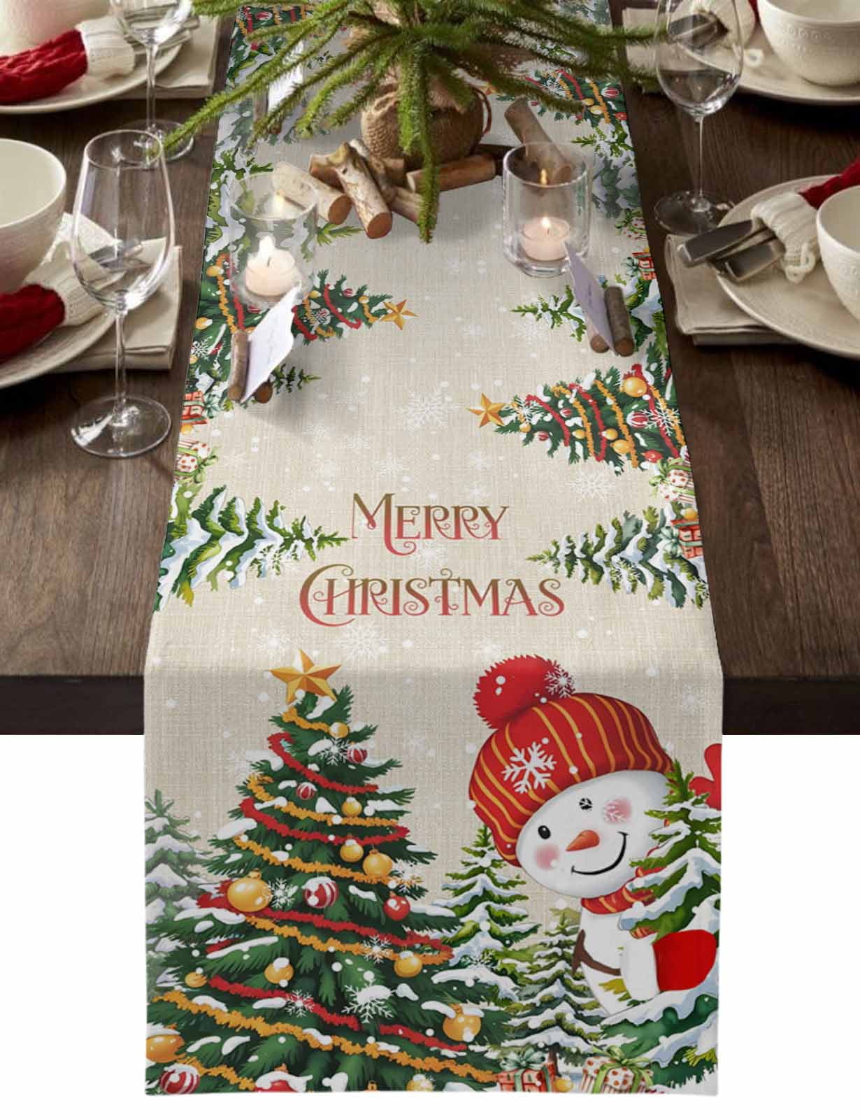 ERUNPONLY Rustic Snowman Christmas Table Runner - 90 Inch Long Vintage ...