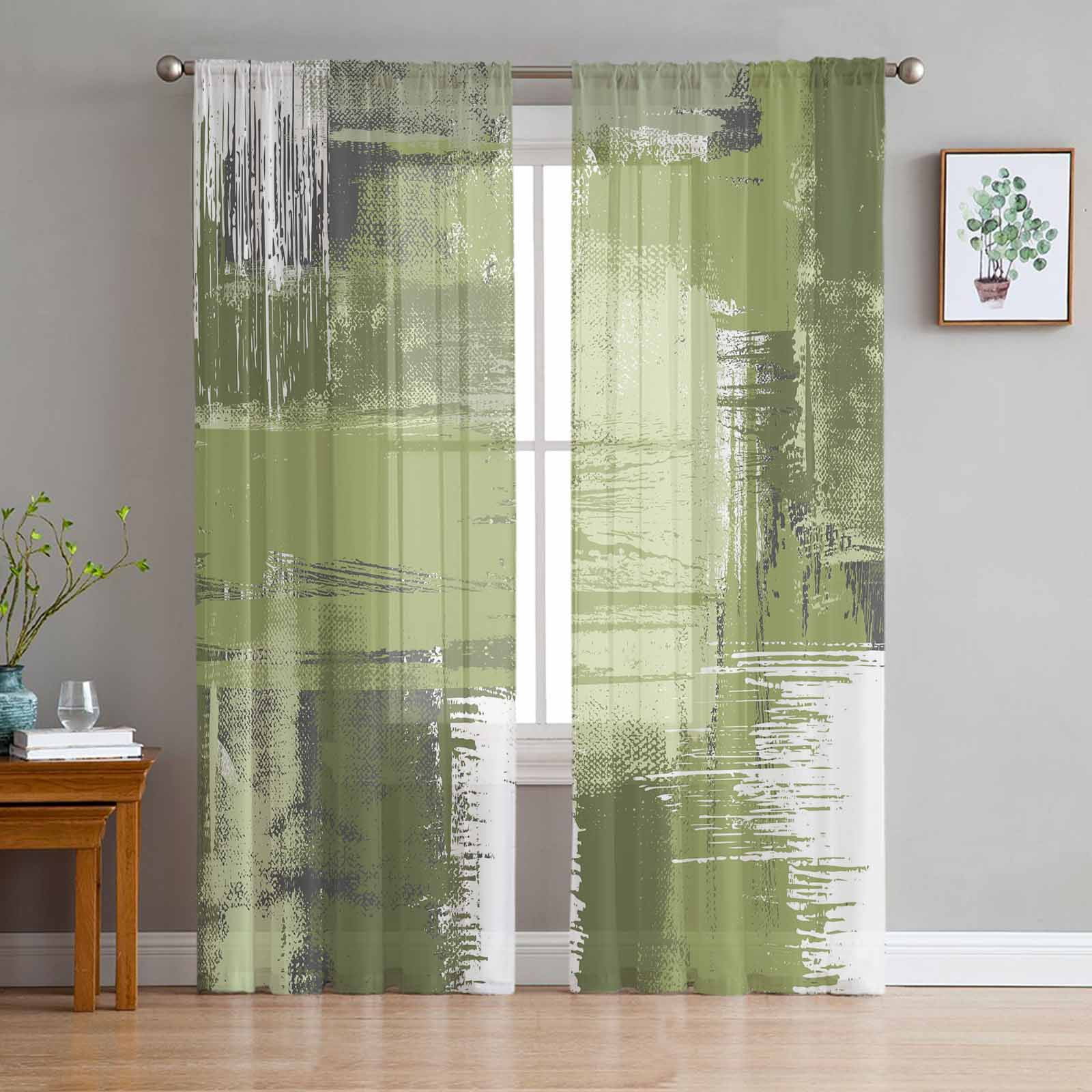 ERUNPONLY Sage Green Abstract Sheer Curtains 72 Inch Length 2 Panels ...