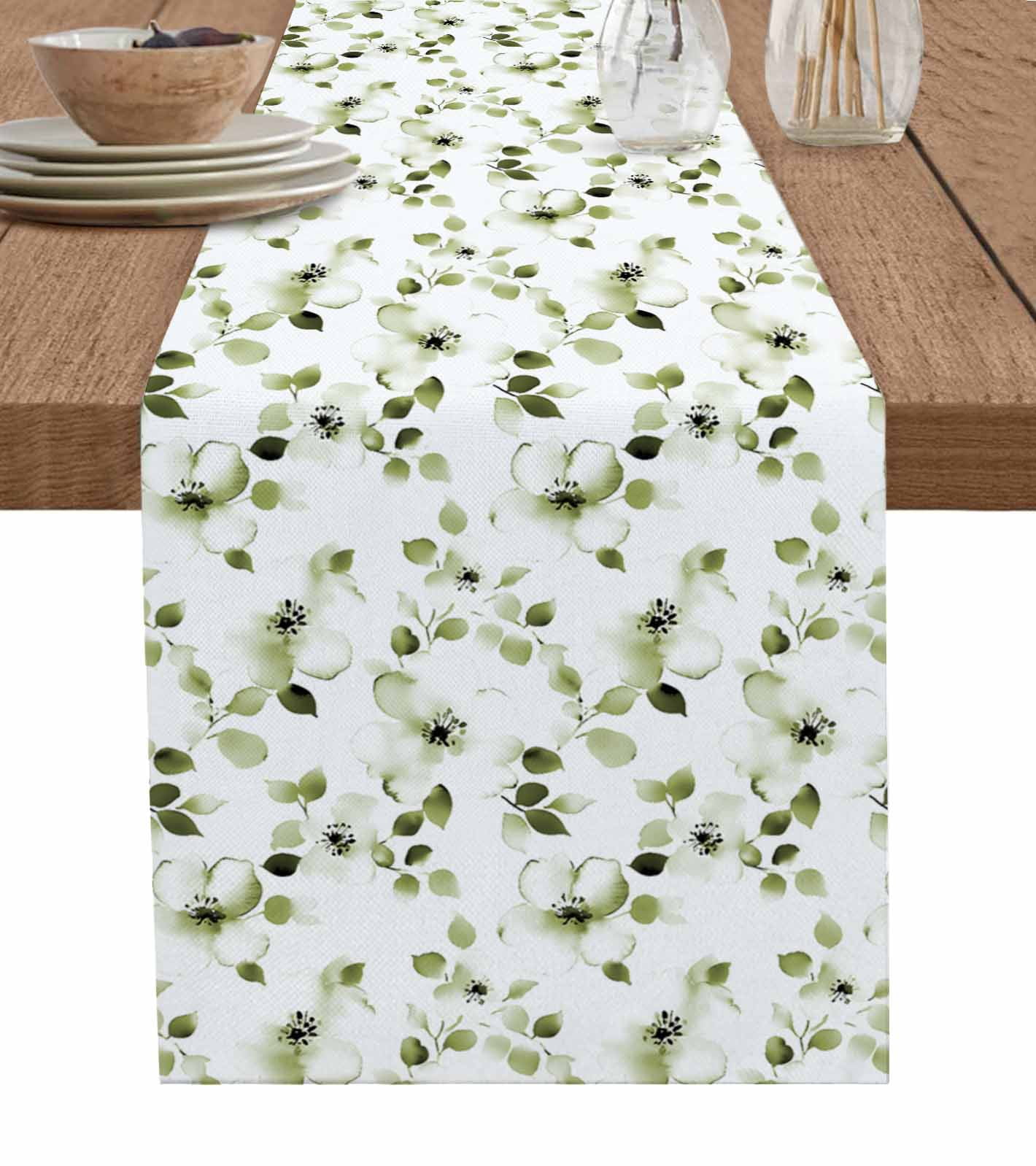 ERUNPONLY Sage Green Botanical Table Runner - 108 Inch Long Retro ...