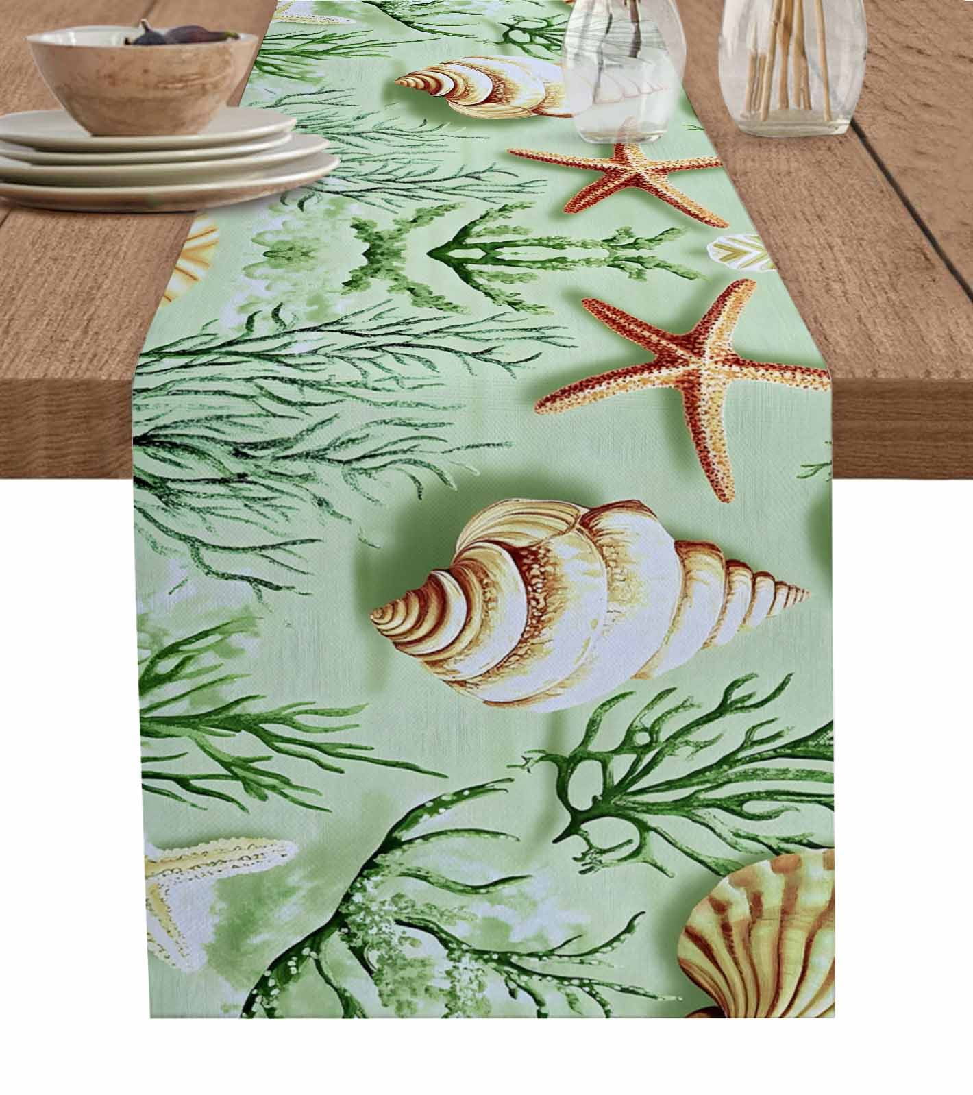 ERUNPONLY Sage Green Coastal Table Runner - 120 Inch Long Summer Ocean ...