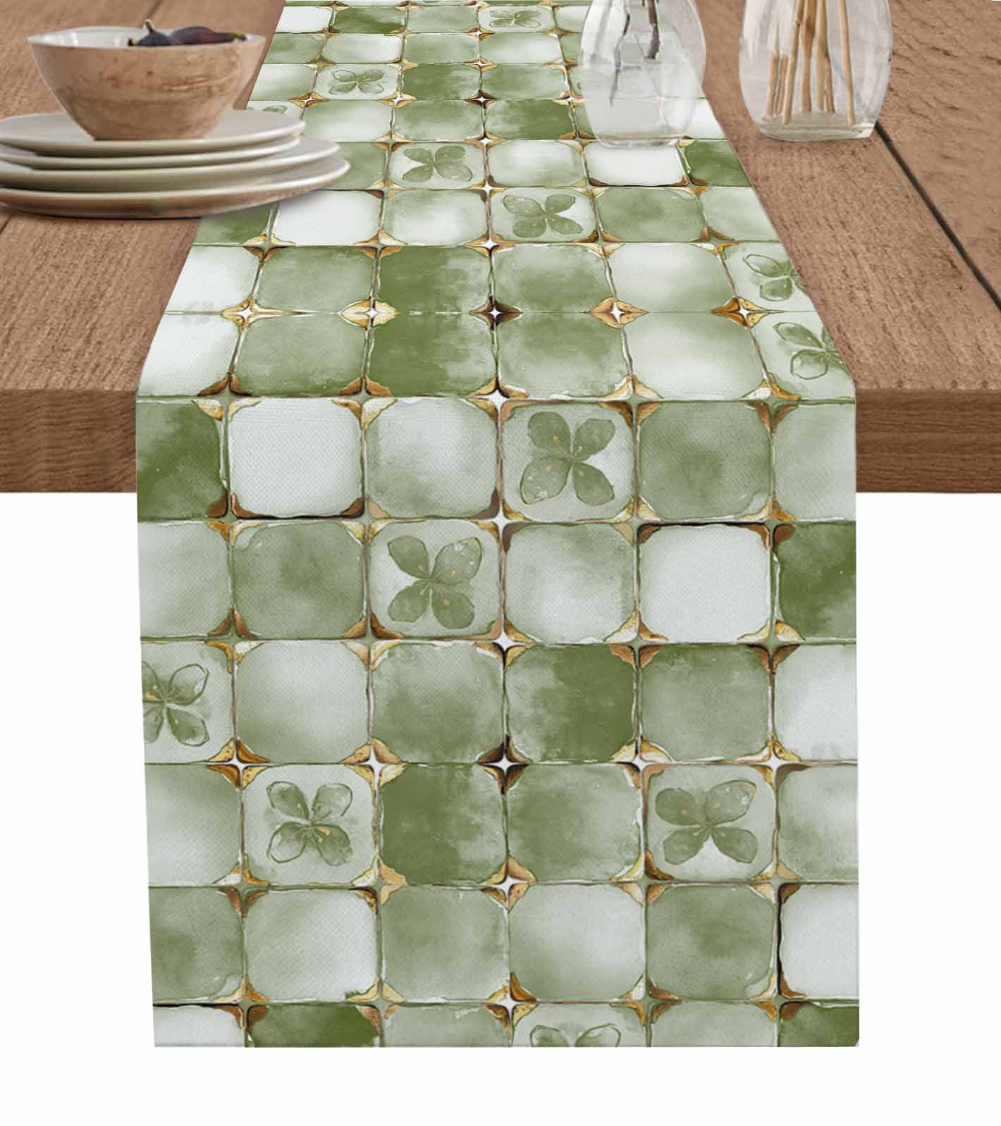 ERUNPONLY Sage Green Geometric Table Runner - 120 Inch Long Modern ...