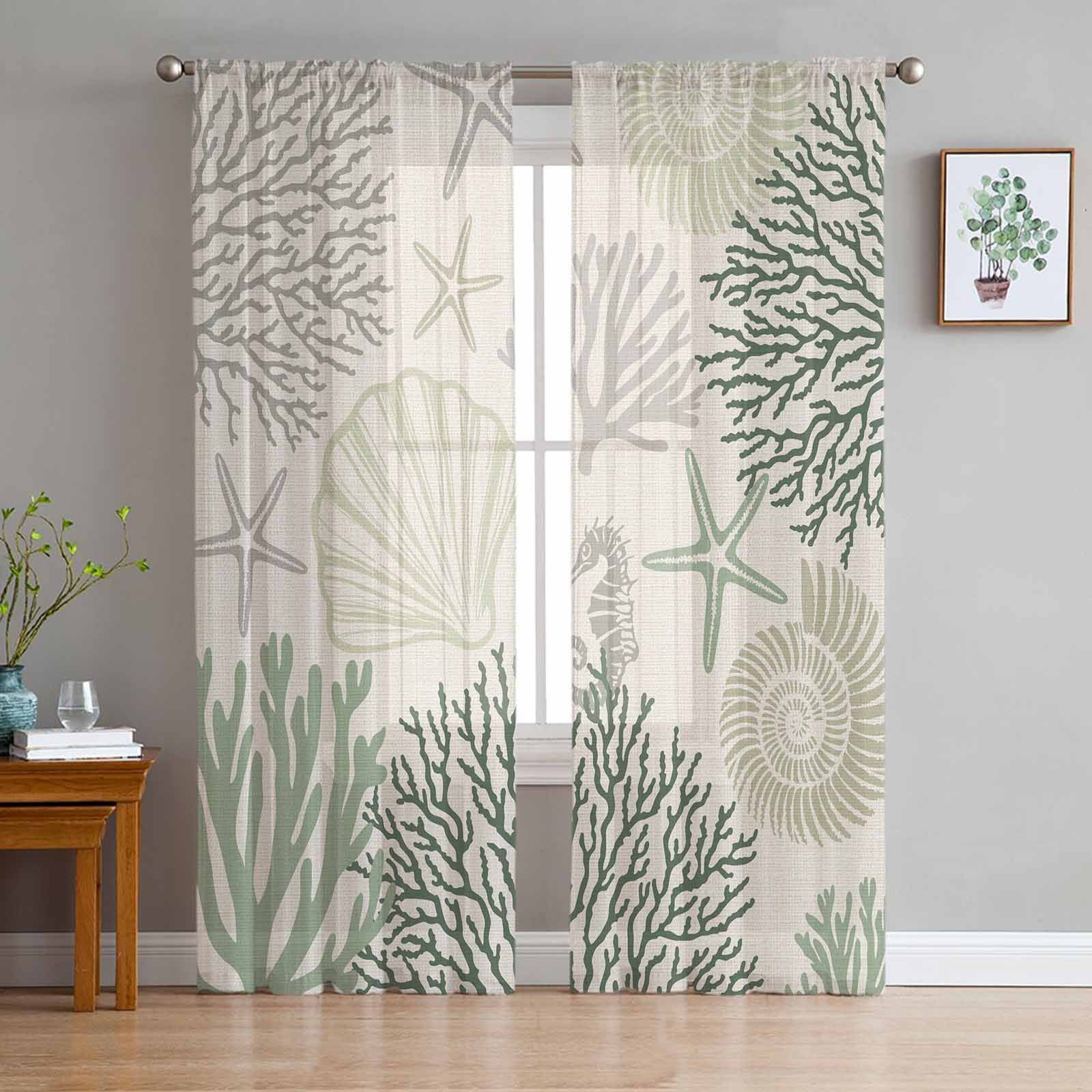 ERUNPONLY Sage Green Ocean Sheer Curtains 63 Inch Length 2 Panels Set ...