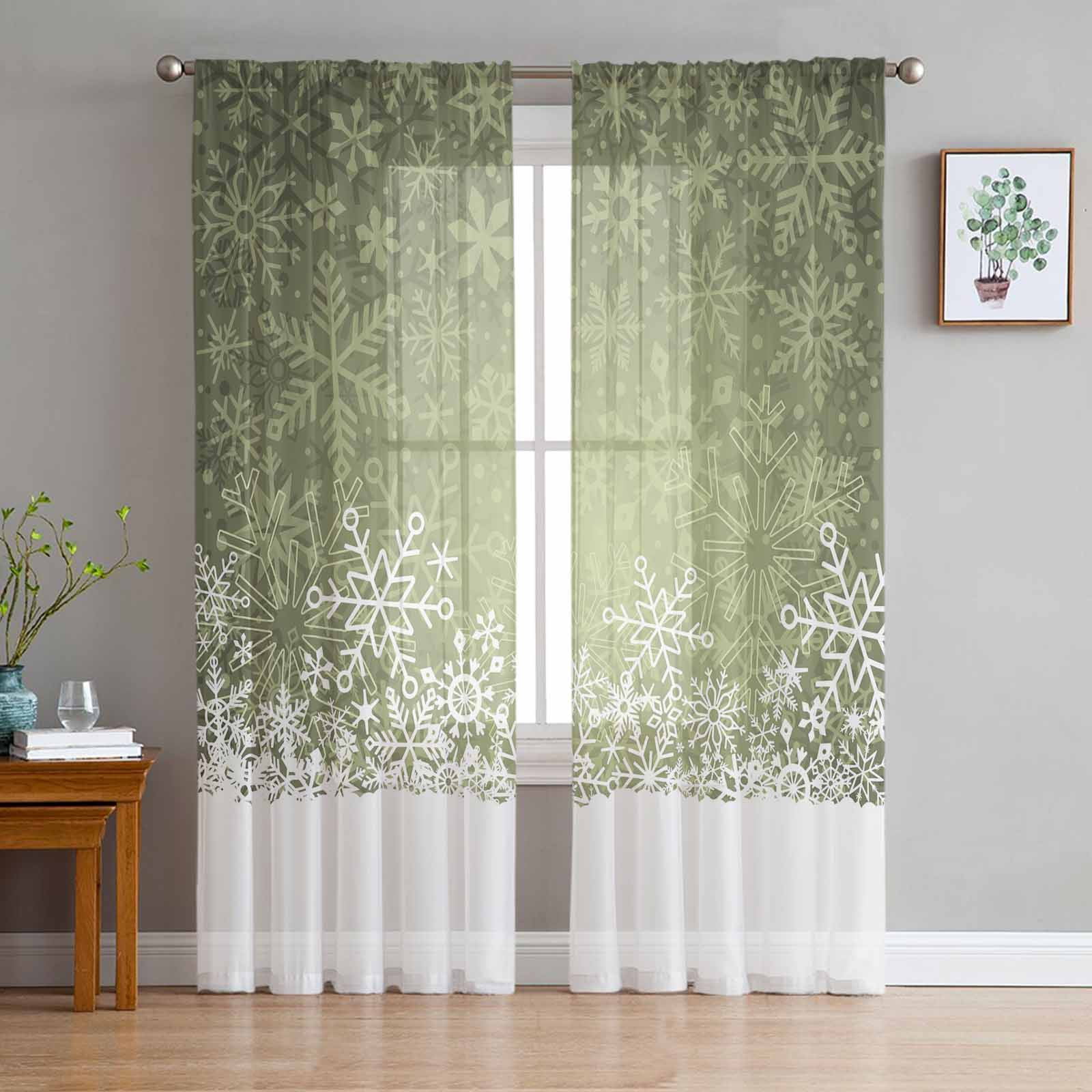 ERUNPONLY Sage Green Snowflakes Christmas Sheer Curtains 63 Inch Length ...