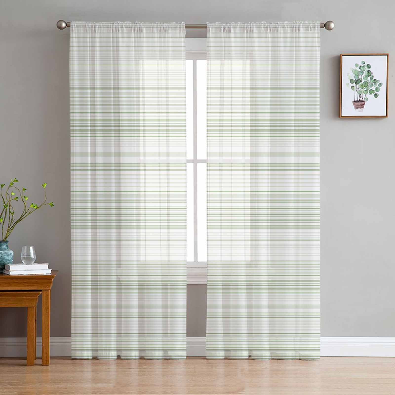ERUNPONLY Sage Green Stripe Sheer Curtains 72 Inch Length 2 Panels Set ...