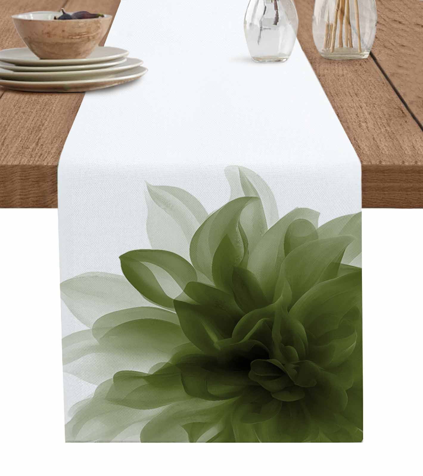 ERUNPONLY Sage Green Table Runner - 72 Inch Long Boho Modern Floral Abstract Ombre Leaf White ...