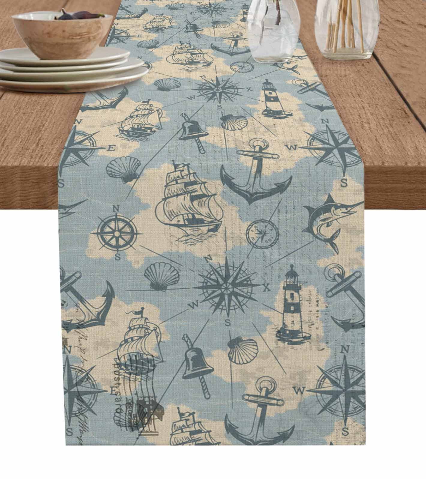 ERUNPONLY Sailing Anchor Table Runner - 36 Inch Long Retro Compass ...
