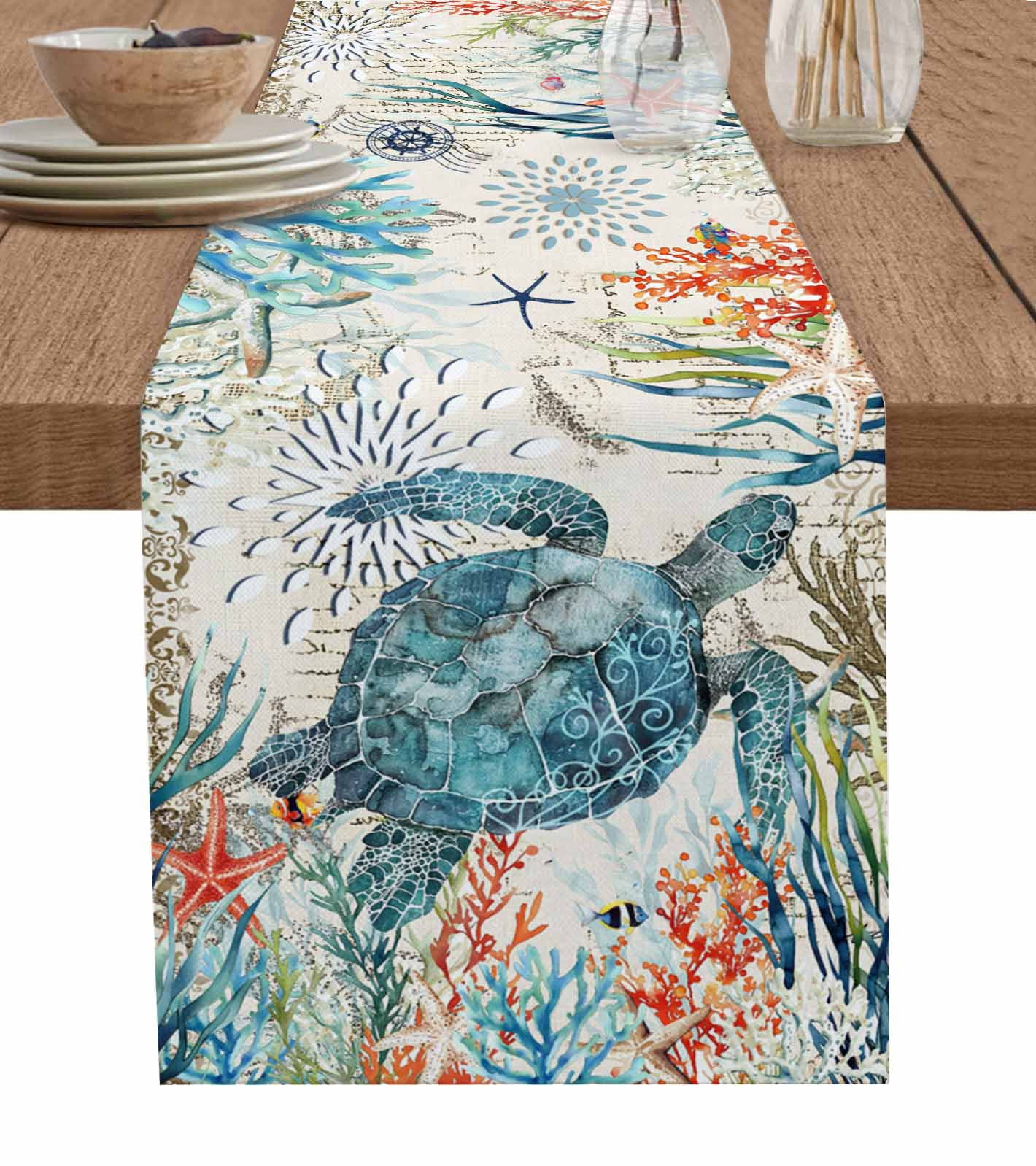 ERUNPONLY Sea Turtle Coastal Table Runner - 72 Inch Long Vintage Beach ...
