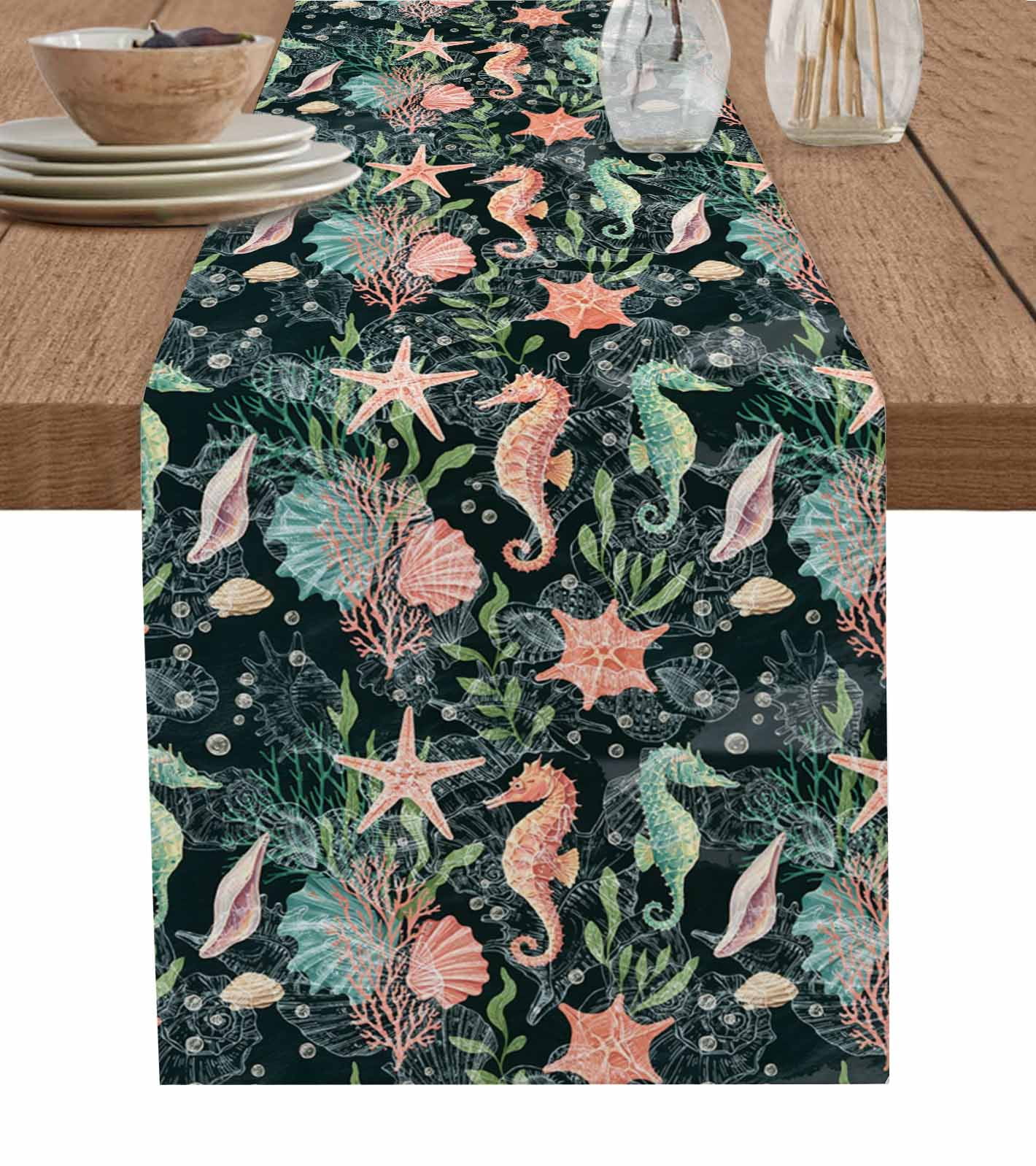 ERUNPONLY Seahorse Table Runner - 72 Inch Long Ocean Starfish Summer ...
