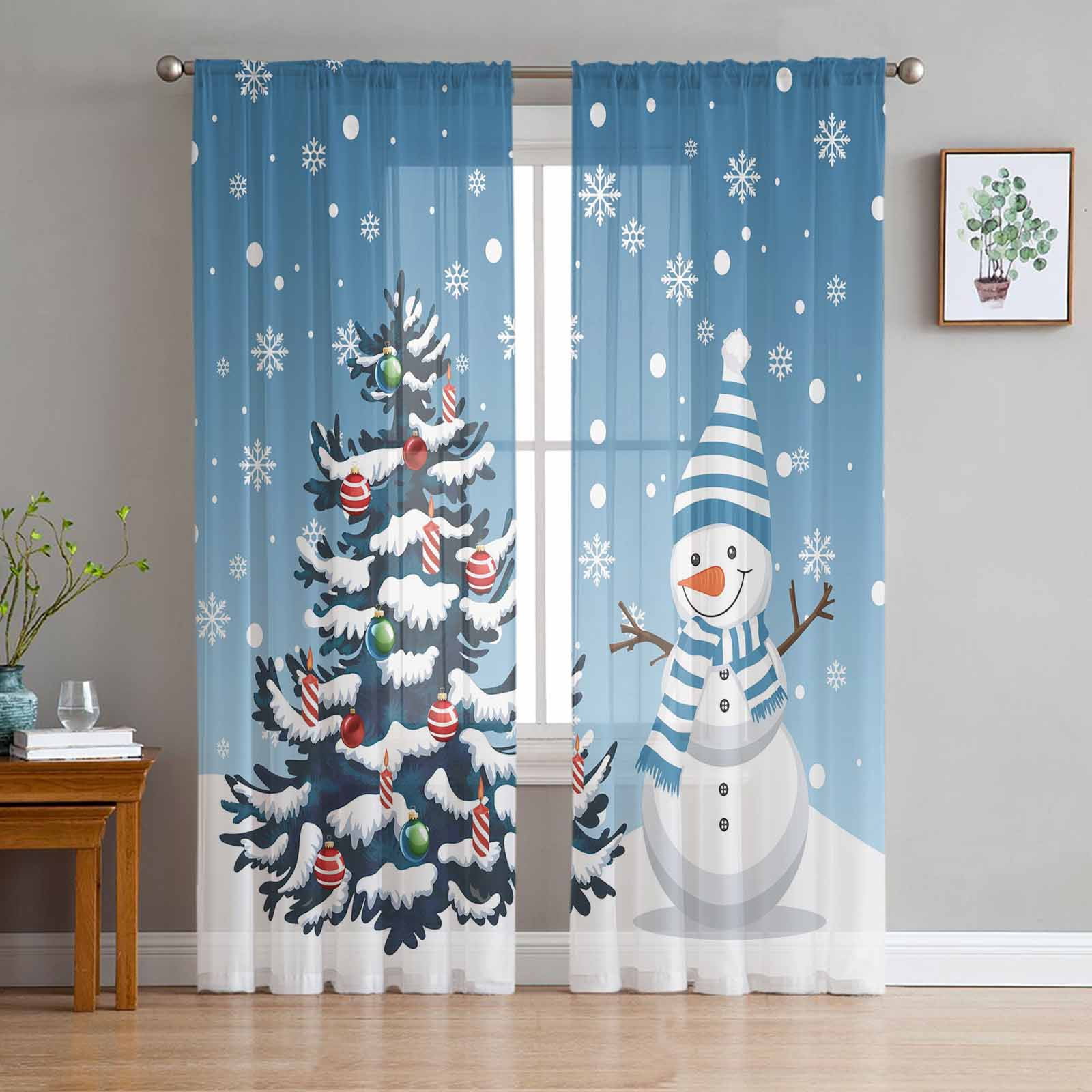 ERUNPONLY Sky Blue Christmas Sheer Curtains 96 Inch Length 2 Panels Set ...