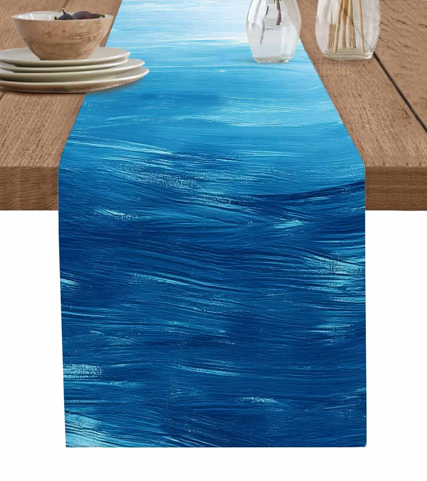 ERUNPONLY Sky Blue Coastal Table Runner - 90 Inch Long Nautical Modern ...
