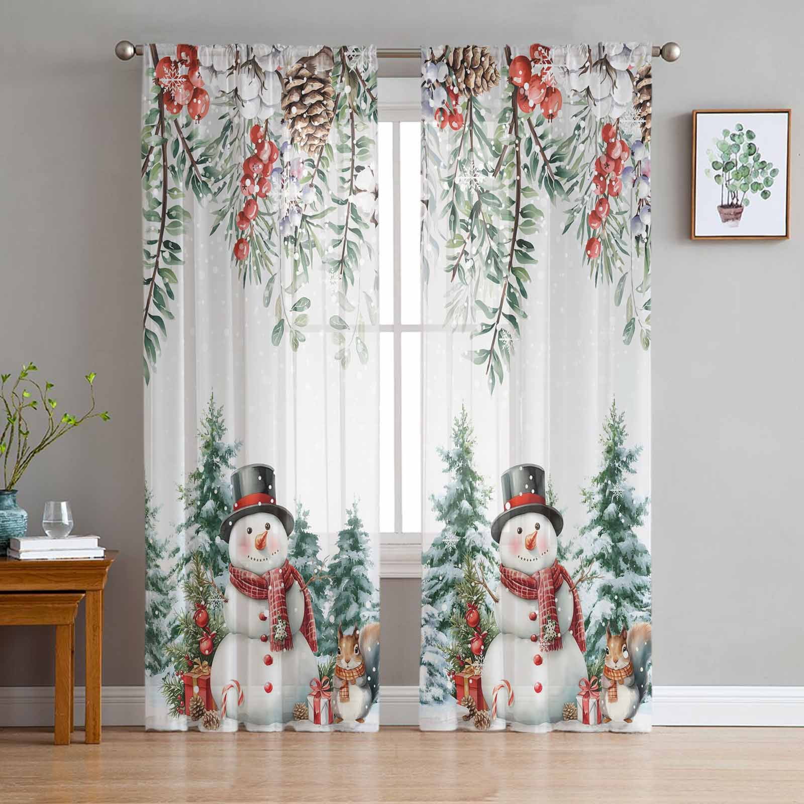 ERUNPONLY Snowman Christmas Sheer Curtains 63 Inch Length 2 Panels Set, Weeping Xmas Tree ...