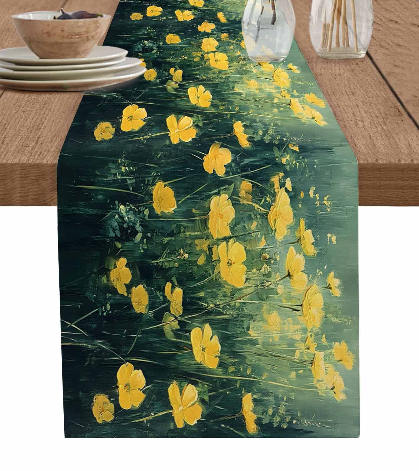 ERUNPONLY Spring Floral Table Runner - 108 Inch Long Yellow Green ...
