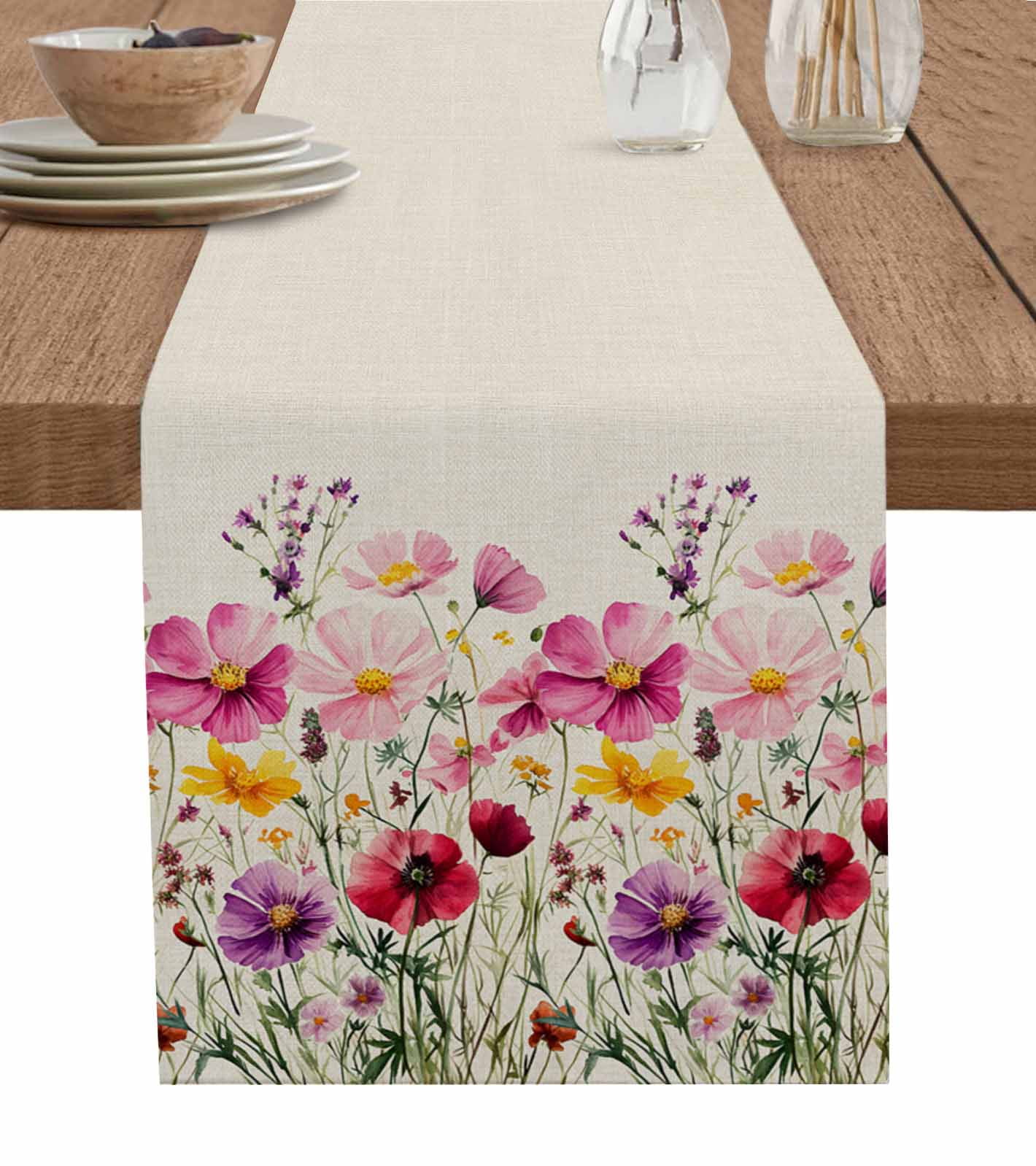 ERUNPONLY Spring Flowers Table Runner - 90 Inch Long Vintage Botanical Garden Florals Herbs ...