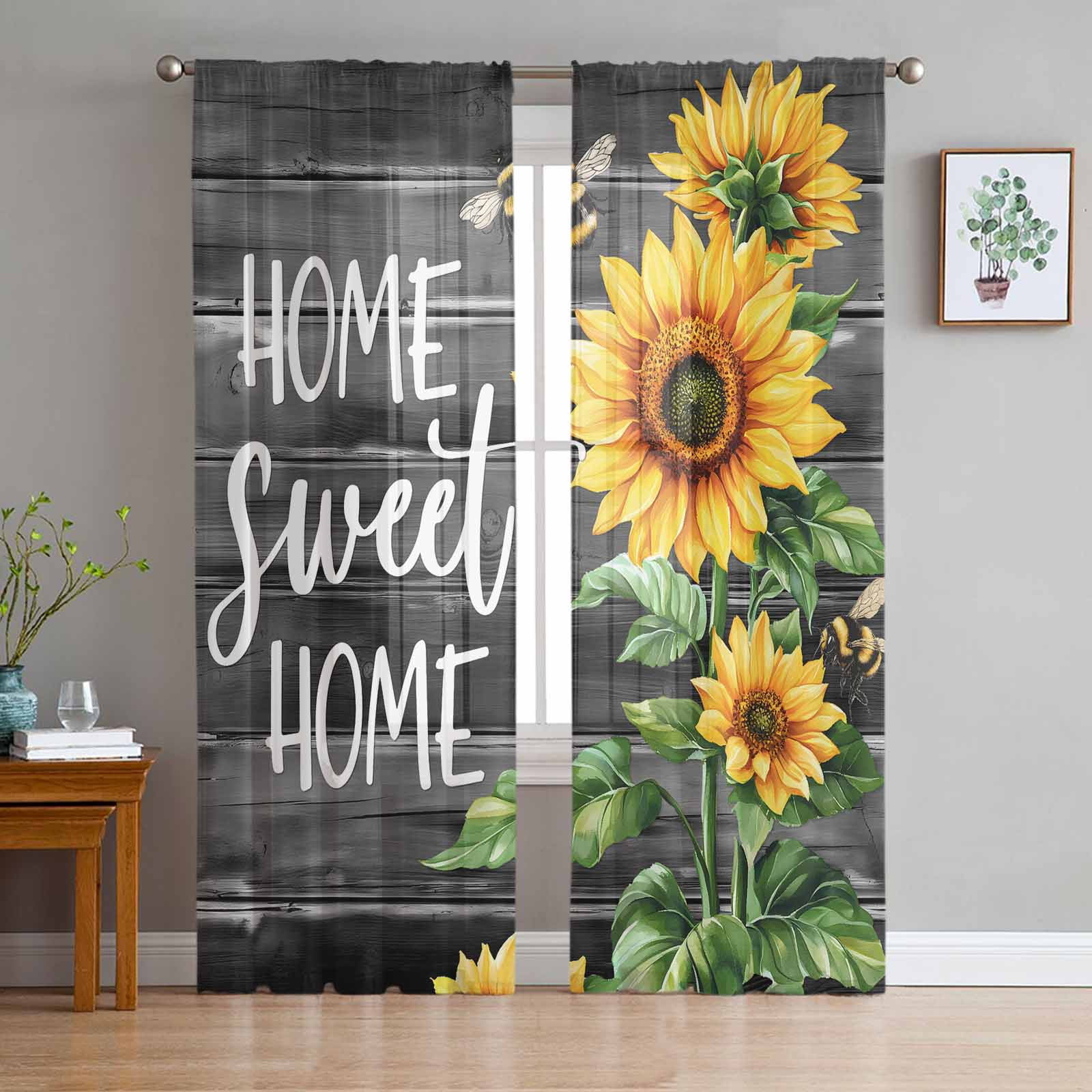 ERUNPONLY Spring Sunflowers Sheer Curtains 72 Inch Length 2 Panels Set ...