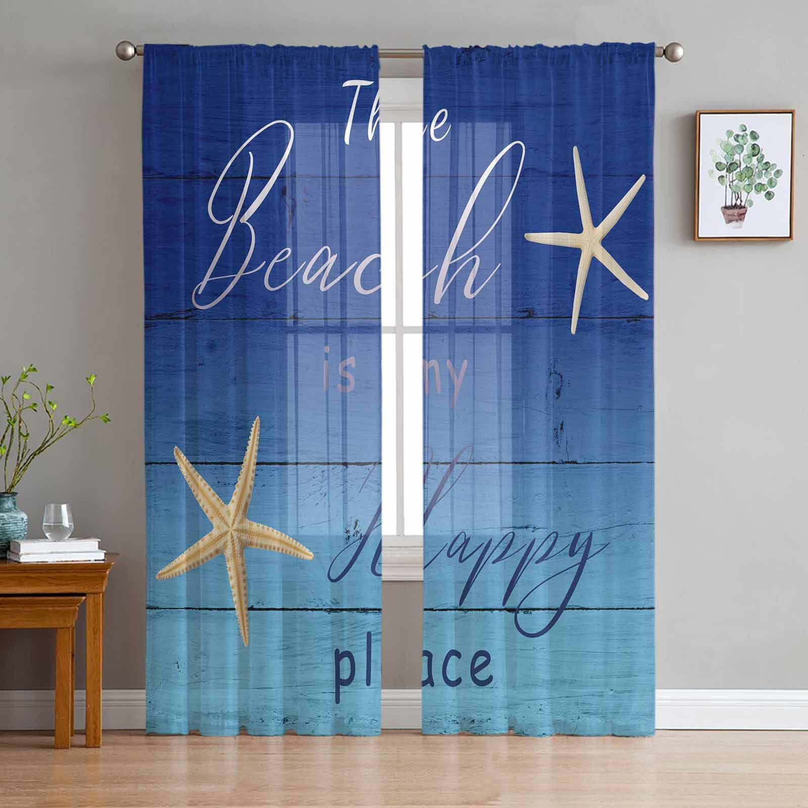 ERUNPONLY Starfish Blue Sheer Curtains 84 Inch Length 2 Panels Set ...