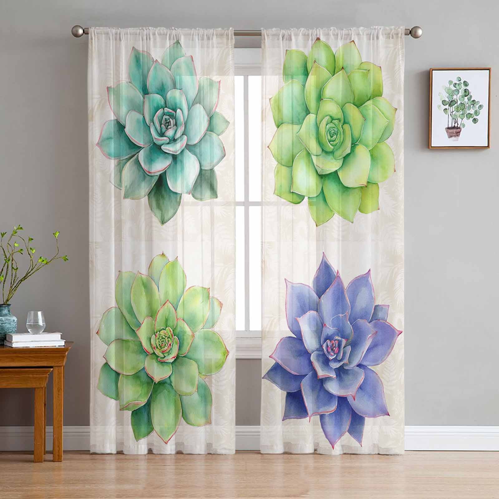 ERUNPONLY Succulents Sheer Curtains 72 Inch Length 2 Panels Set, Green ...