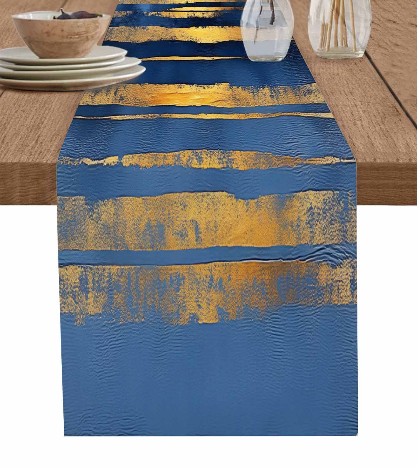 ERUNPONLY Summer Blue Gold Table Runner - 72 Inch Long Modern Coastal ...
