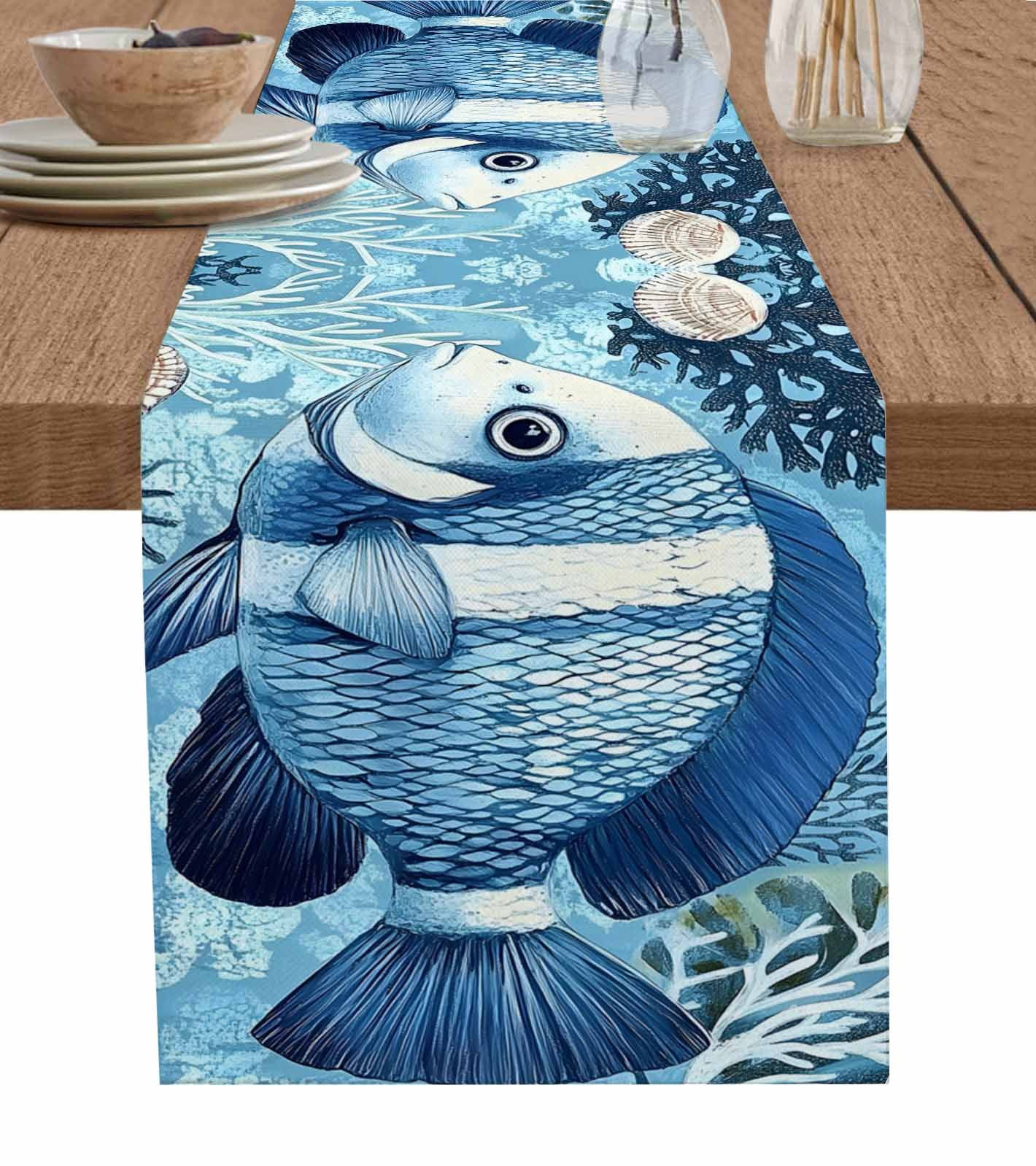 ERUNPONLY Summer Ocean Blue Table Runner - 48 Inch Long Coastal ...