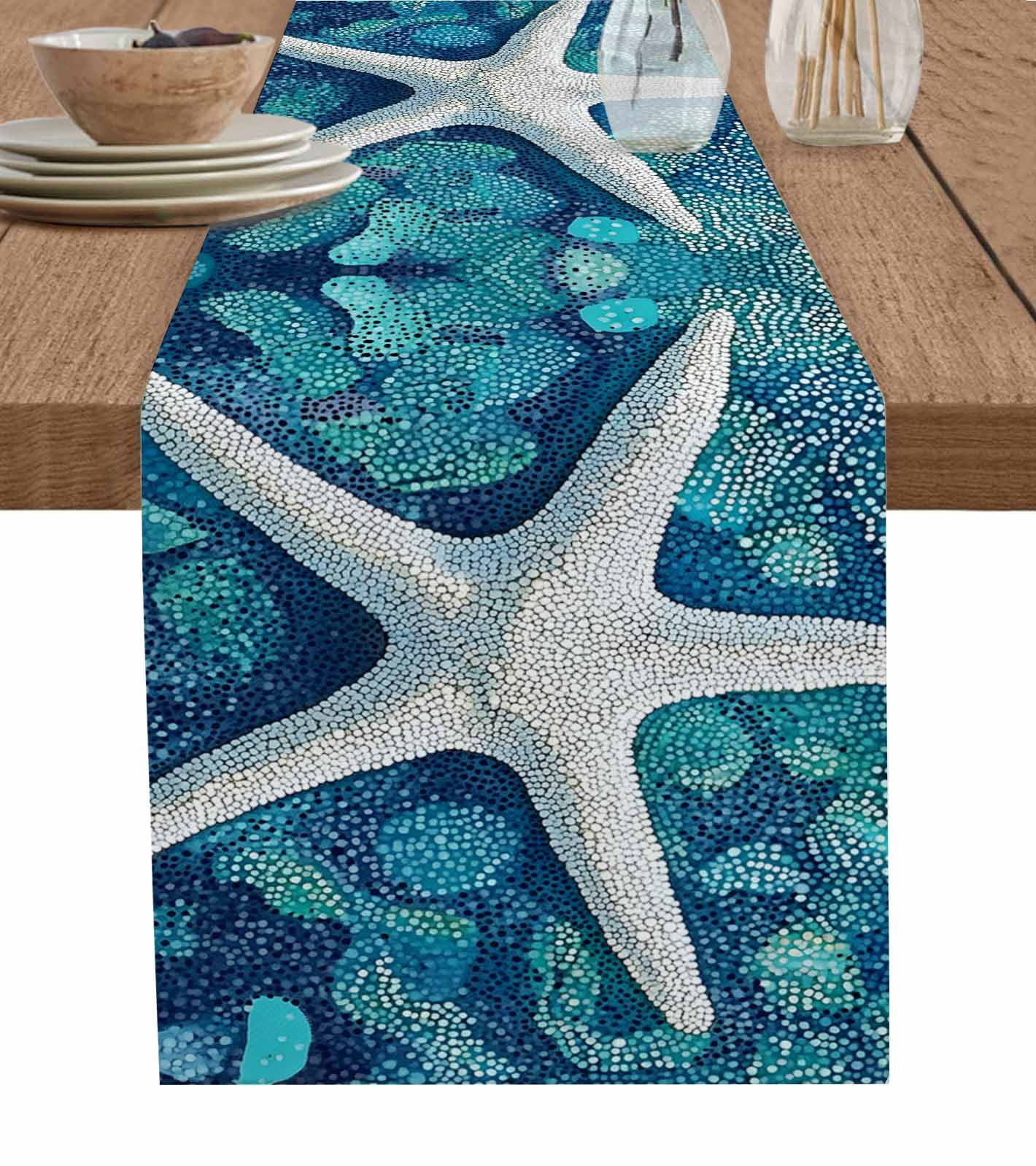 ERUNPONLY Summer Starfish Table Runner - 108 Inch Long Coastal Ocean ...