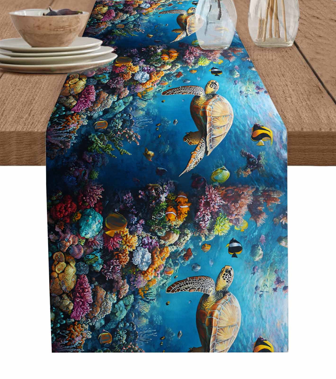 ERUNPONLY Summer Turtle Table Runner - 72 Inch Long Ocean Coral ...