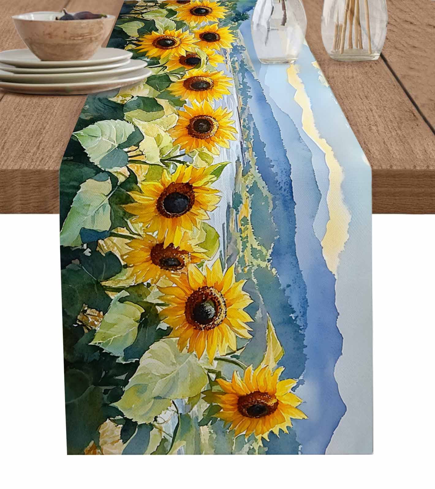 ERUNPONLY Sunflower Field Table Runner - 90 Inch Long Summer Watercolor ...