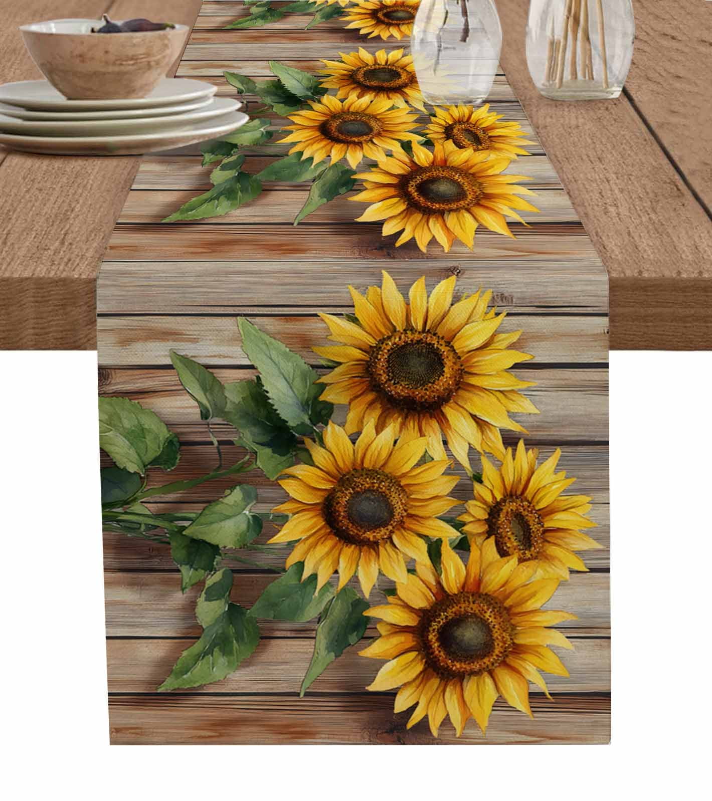 ERUNPONLY Sunflowers Table Runner - 120 Inch Long Rustic Summer Botanical Floral Wooden Grain ...