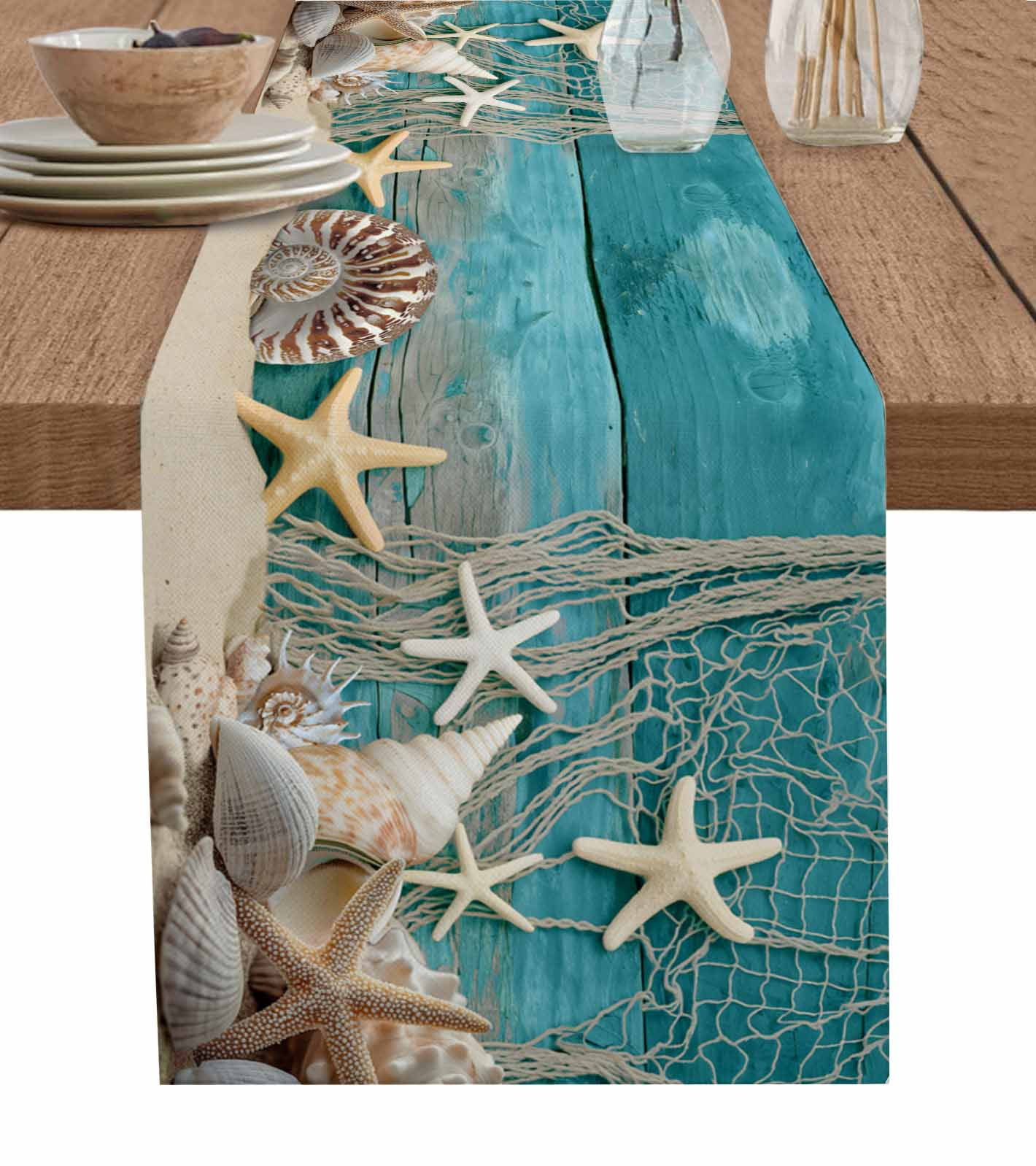 ERUNPONLY Teal Beach Coastal Table Runner - 108 Inch Long Summer Ocean ...