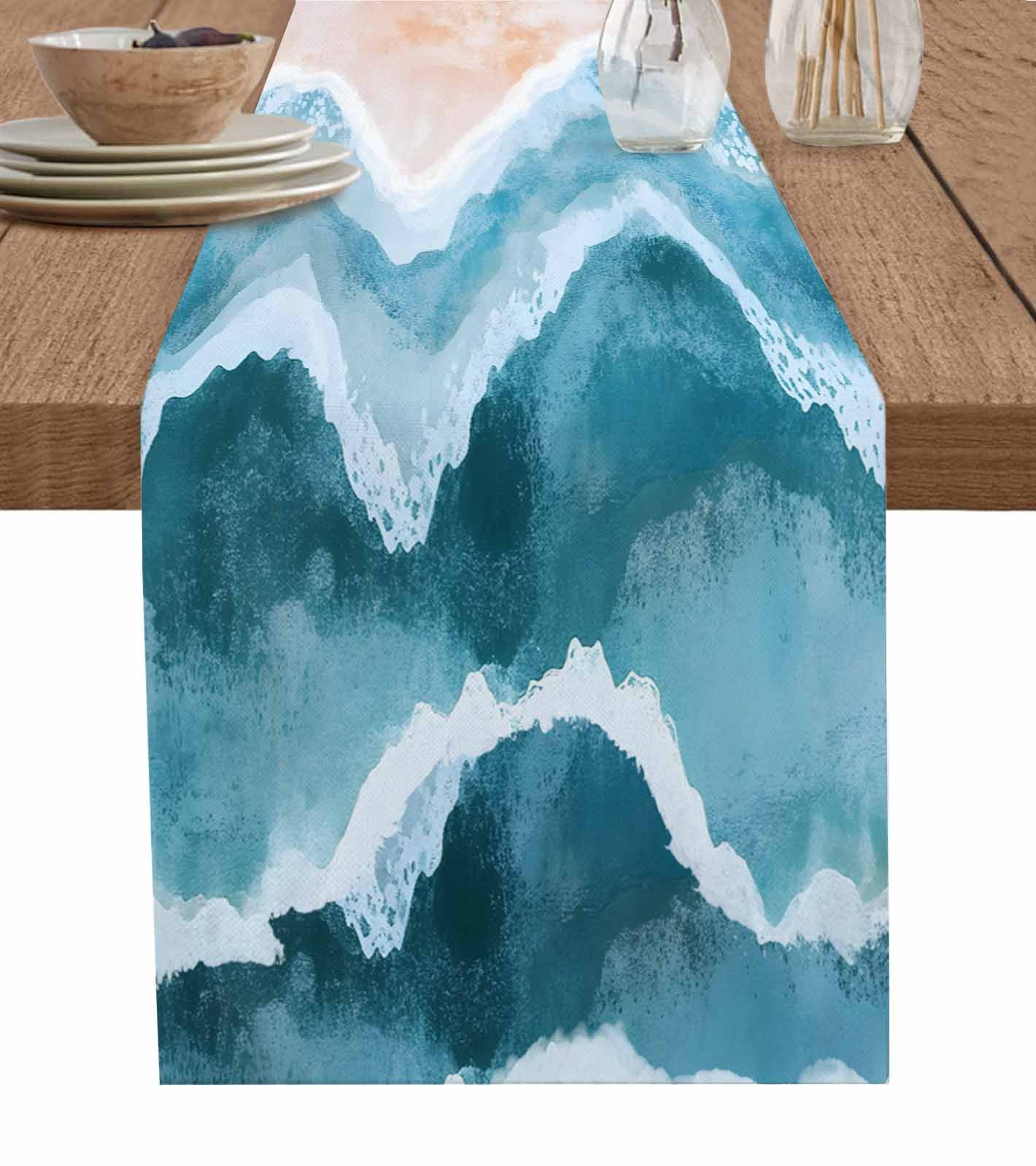 ERUNPONLY Teal Blue Coastal Beach Table Runner - 108 Inch Long Modern ...