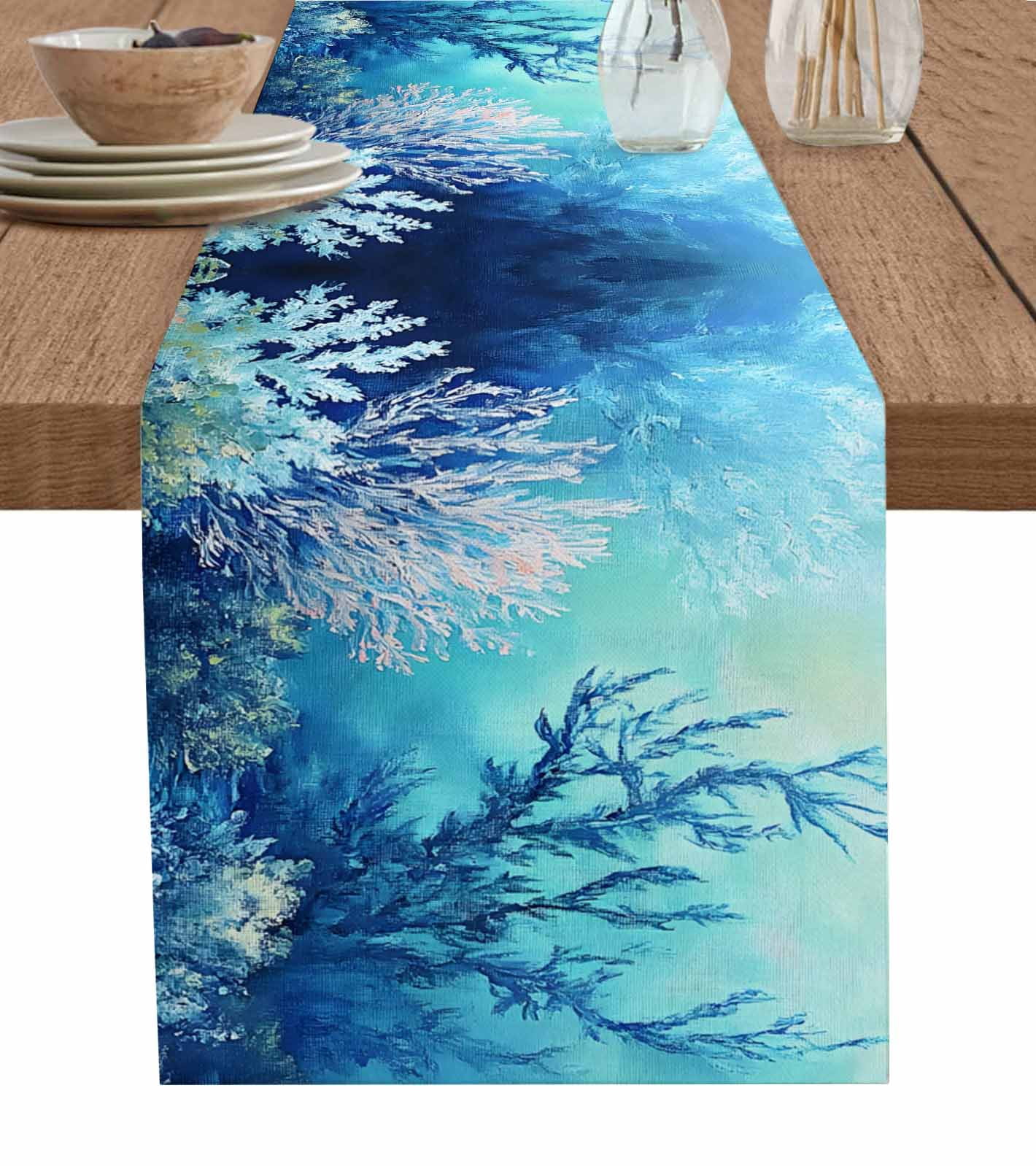 ERUNPONLY Teal Blue Ocean Table Runner - 48 Inch Long Summer Watercolor ...