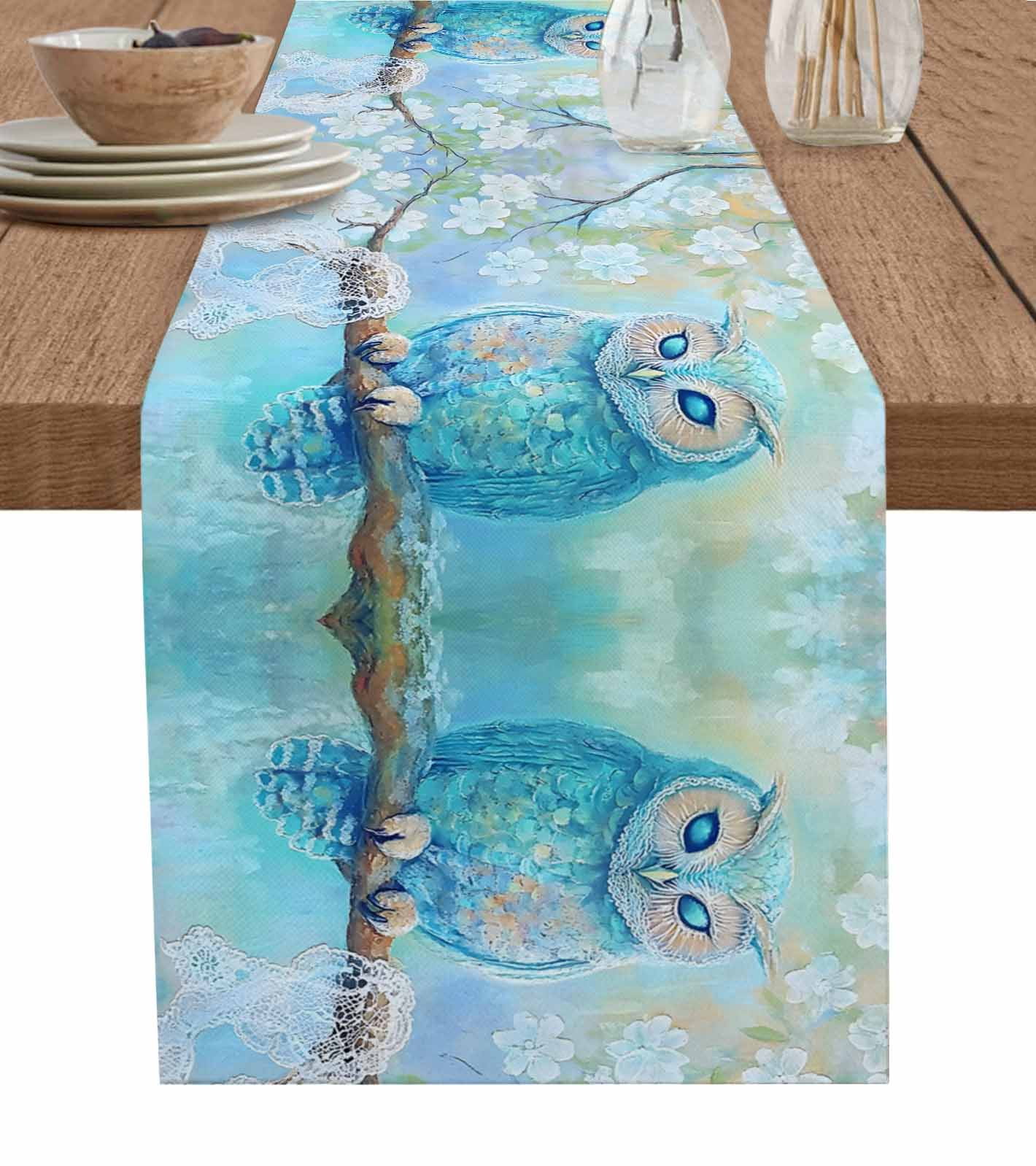 ERUNPONLY Teal Blue Owl Table Runner - 48 Inch Long Modern Flowers ...
