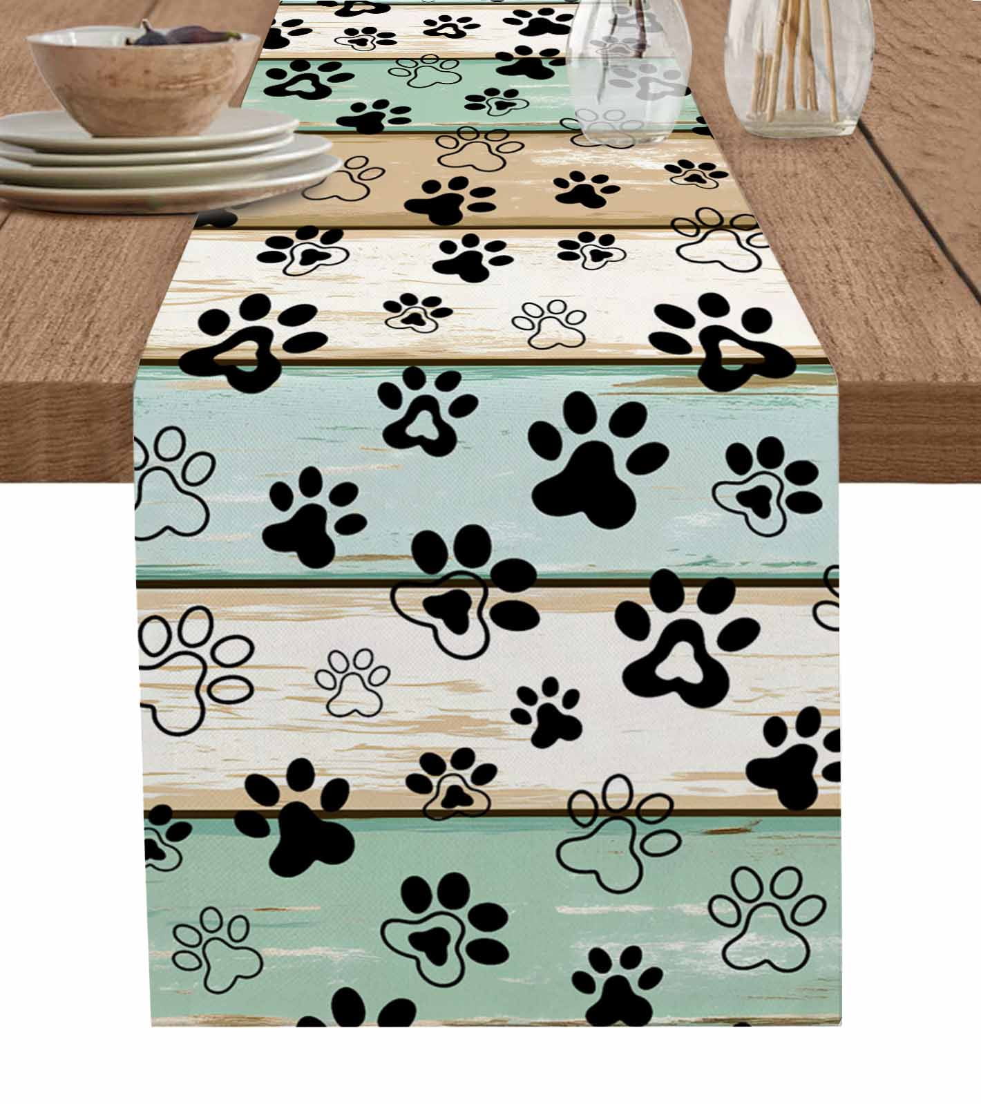 ERUNPONLY Teal Brown Paw Print Table Runner - 108 Inch Long Vintage ...