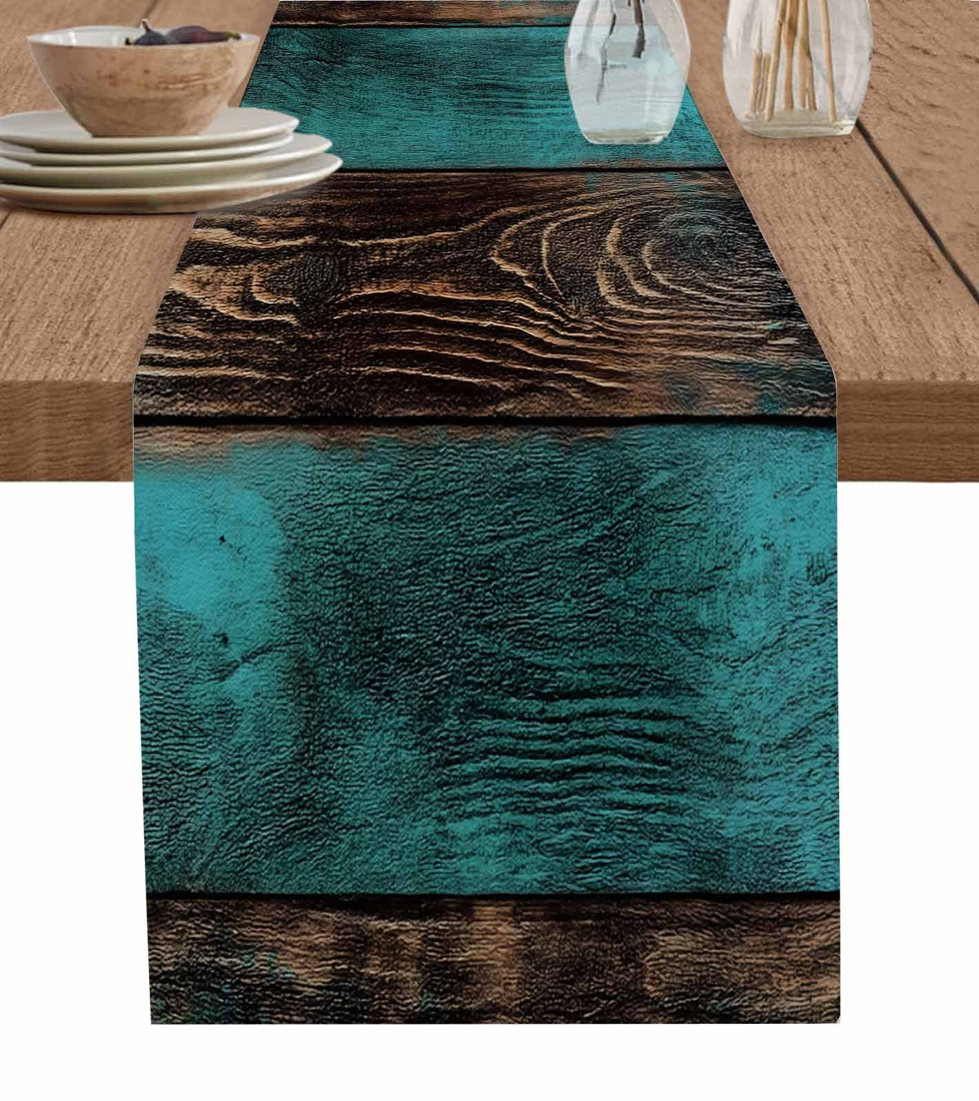 ERUNPONLY Teal Brown Wood Table Runner - 120 Inch Long Vintage Simple ...