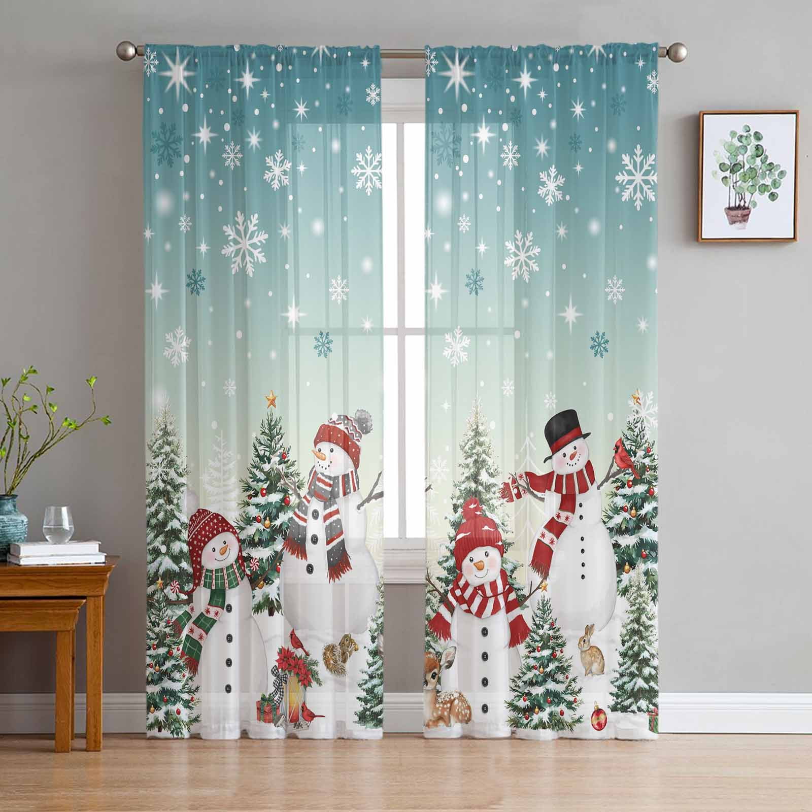 ERUNPONLY Teal Christmas Sheer Curtains 63 Inch Length 2 Panels Set ...