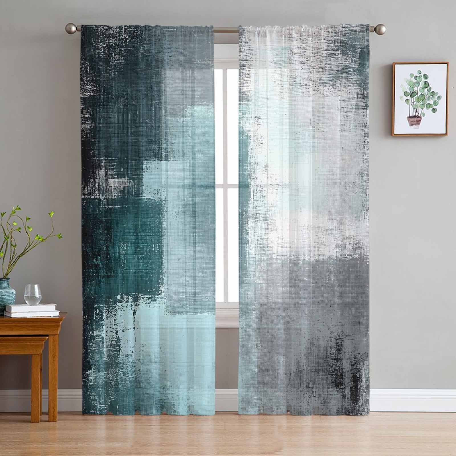 ERUNPONLY Teal Gray Sheer Curtains 72 Inch Length 2 Panels Set, Modern ...