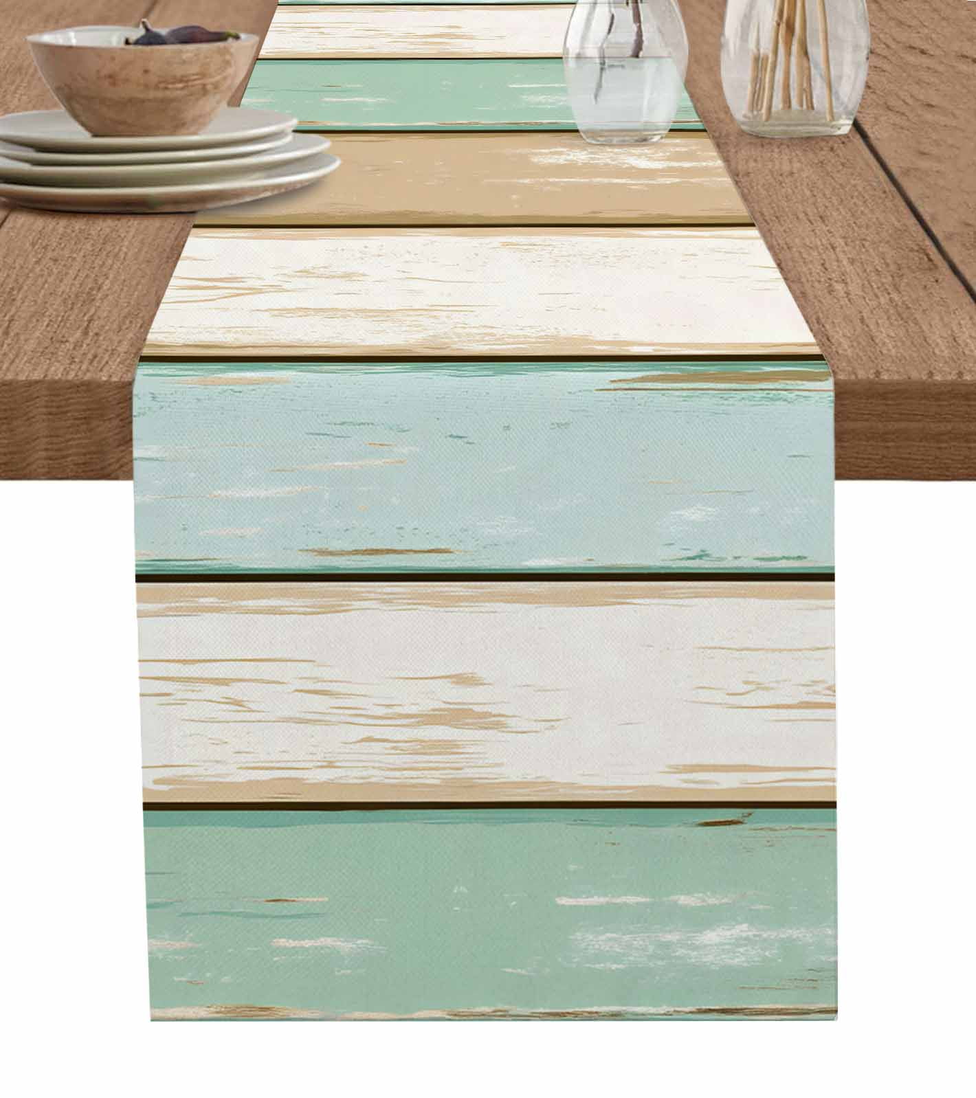 ERUNPONLY Teal Green Wood Grain Table Runner - 108 Inch Long Vintage ...