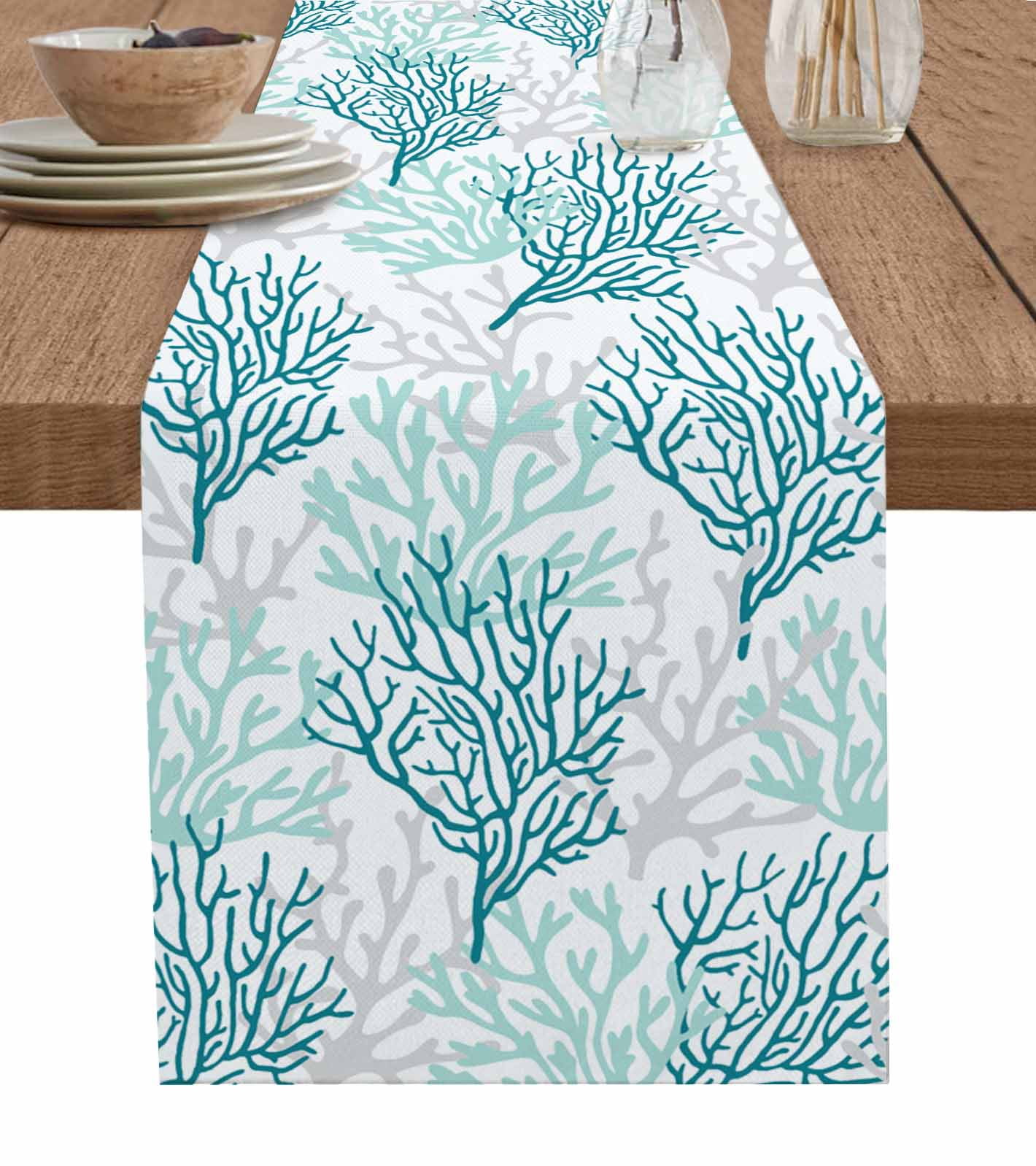 ERUNPONLY Teal Grey Coral Coastal Table Runner - 48 Inch Long Summer ...